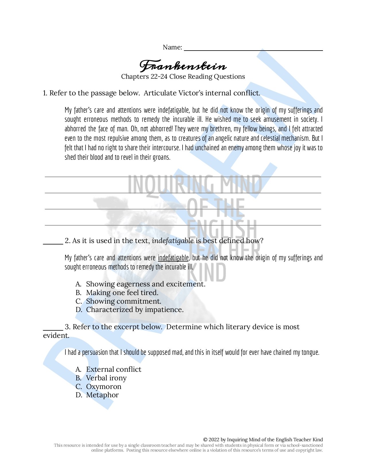 Frankenstein by Mary Shelley Close Reading Analysis Worksheets Bundle ...