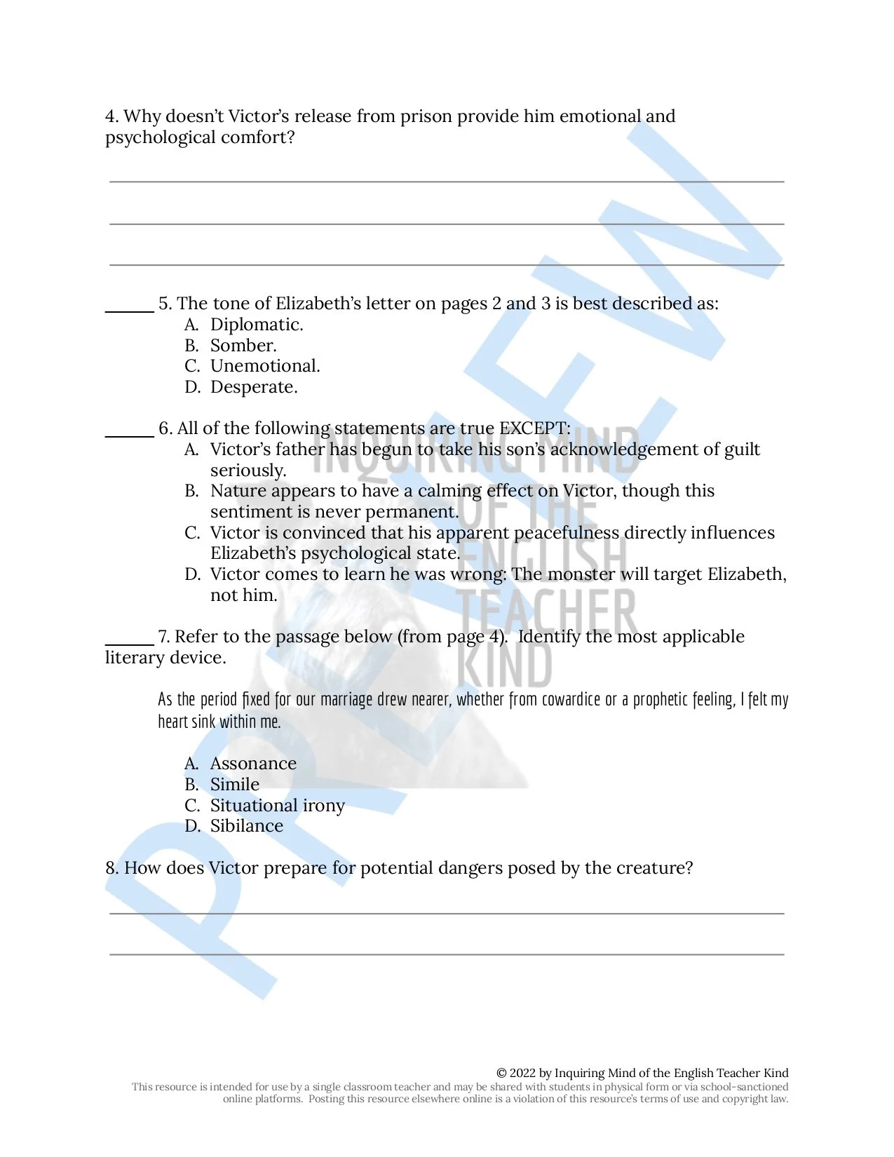 Frankenstein by Mary Shelley Close Reading Analysis Worksheets Bundle ...