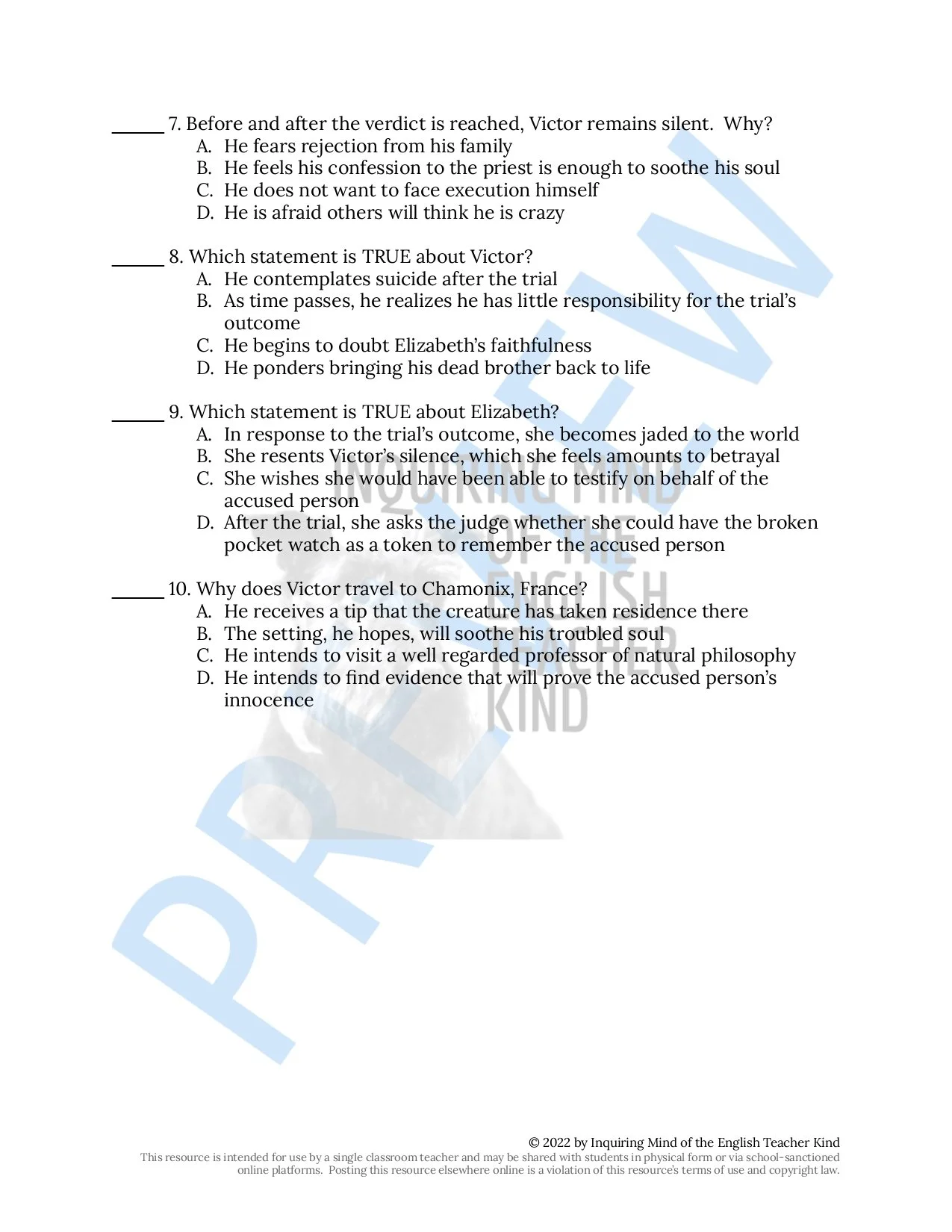 Frankenstein Quiz, Close Reading, Vocabulary Development, Test, and ...