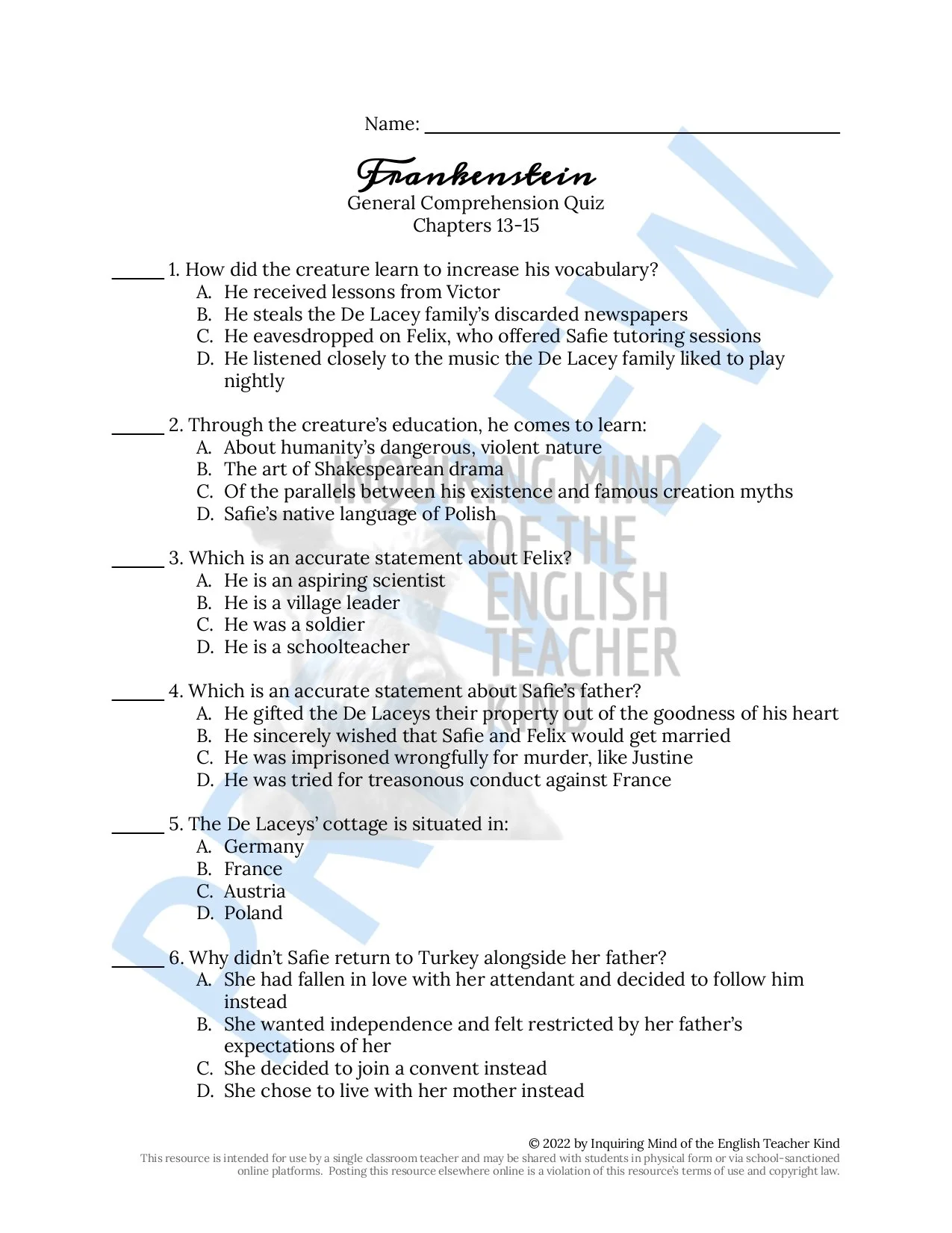 Frankenstein Quiz, Close Reading, Vocabulary Development, Test, and ...