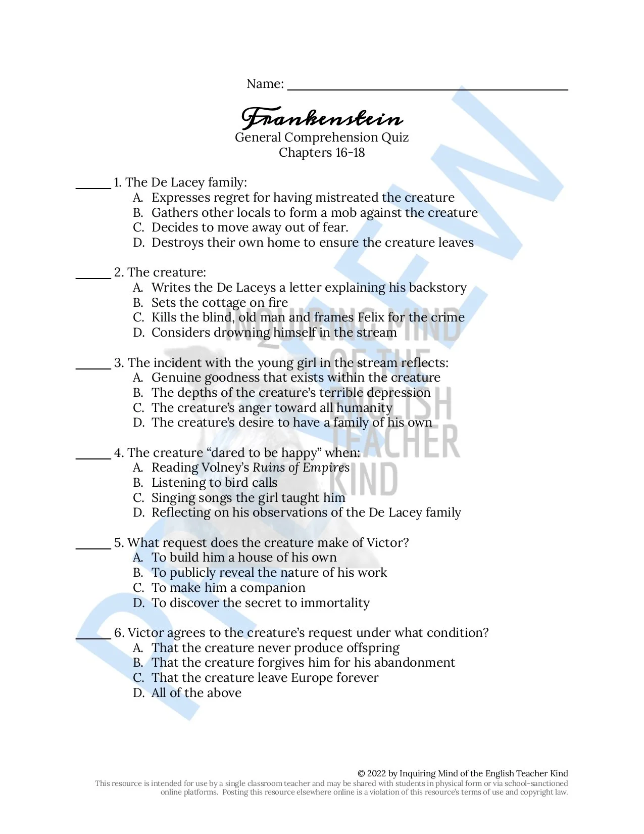 Frankenstein Quiz, Close Reading, Vocabulary Development, Test, and ...