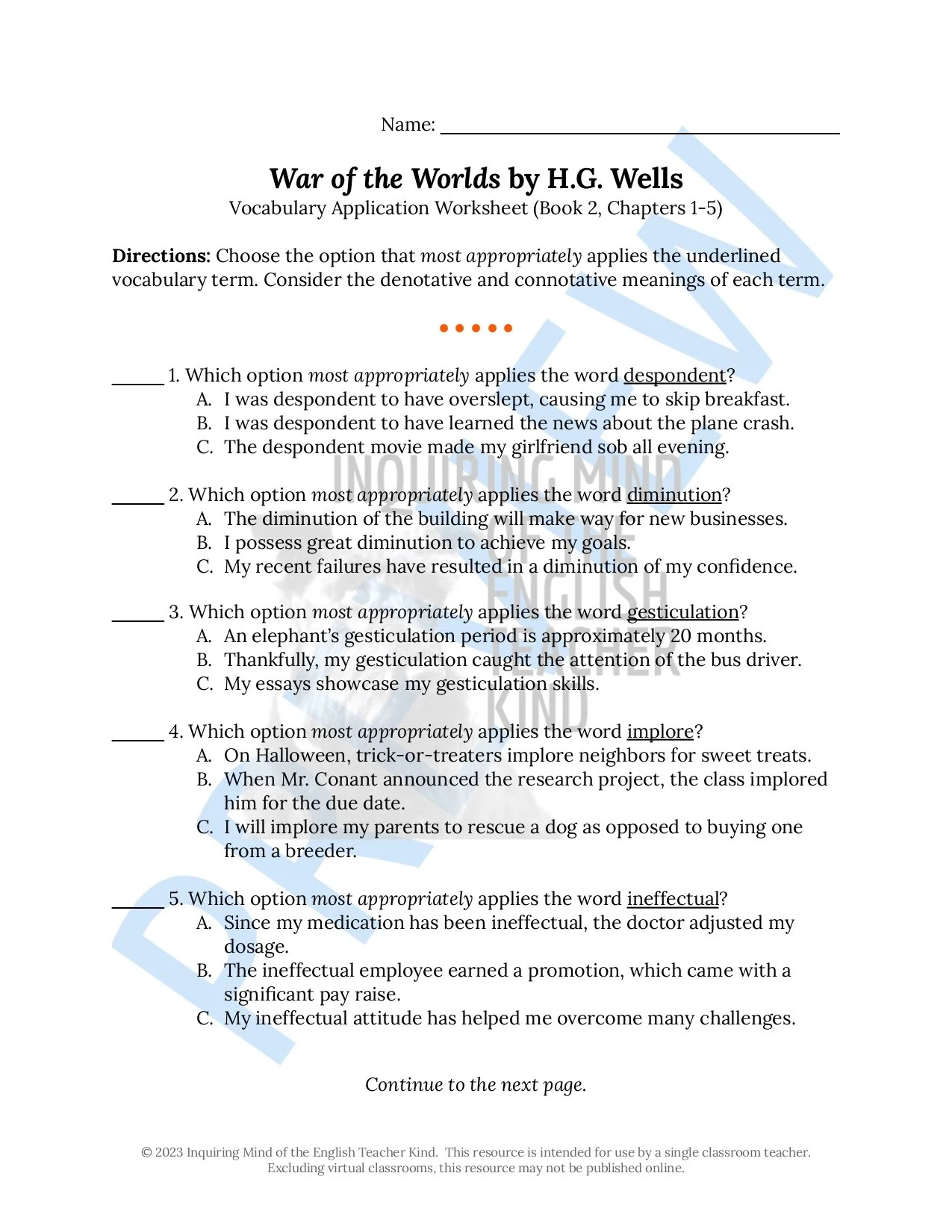 The War of the Worlds by H.G. Wells Vocabulary Games and Activities ...