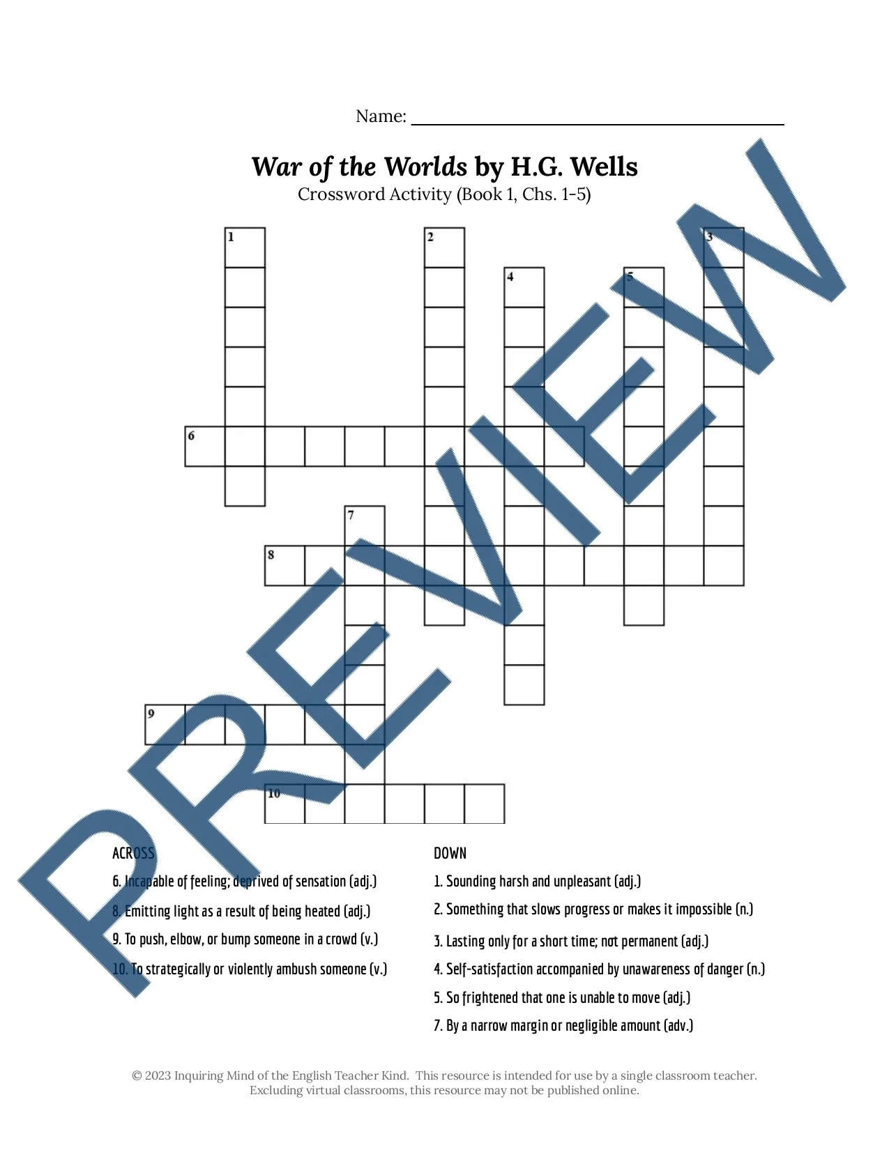 The War of the Worlds by H.G. Wells Vocabulary Games and Activities ...