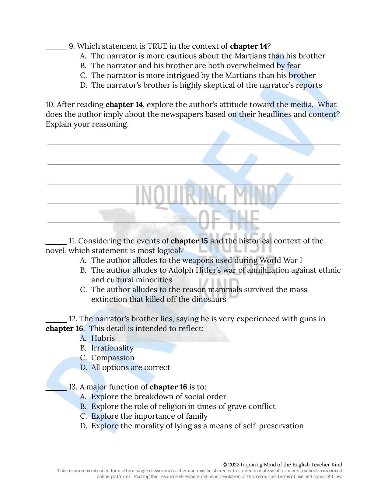 The War of the Worlds by H.G. Wells Close Reading Analysis Worksheets ...