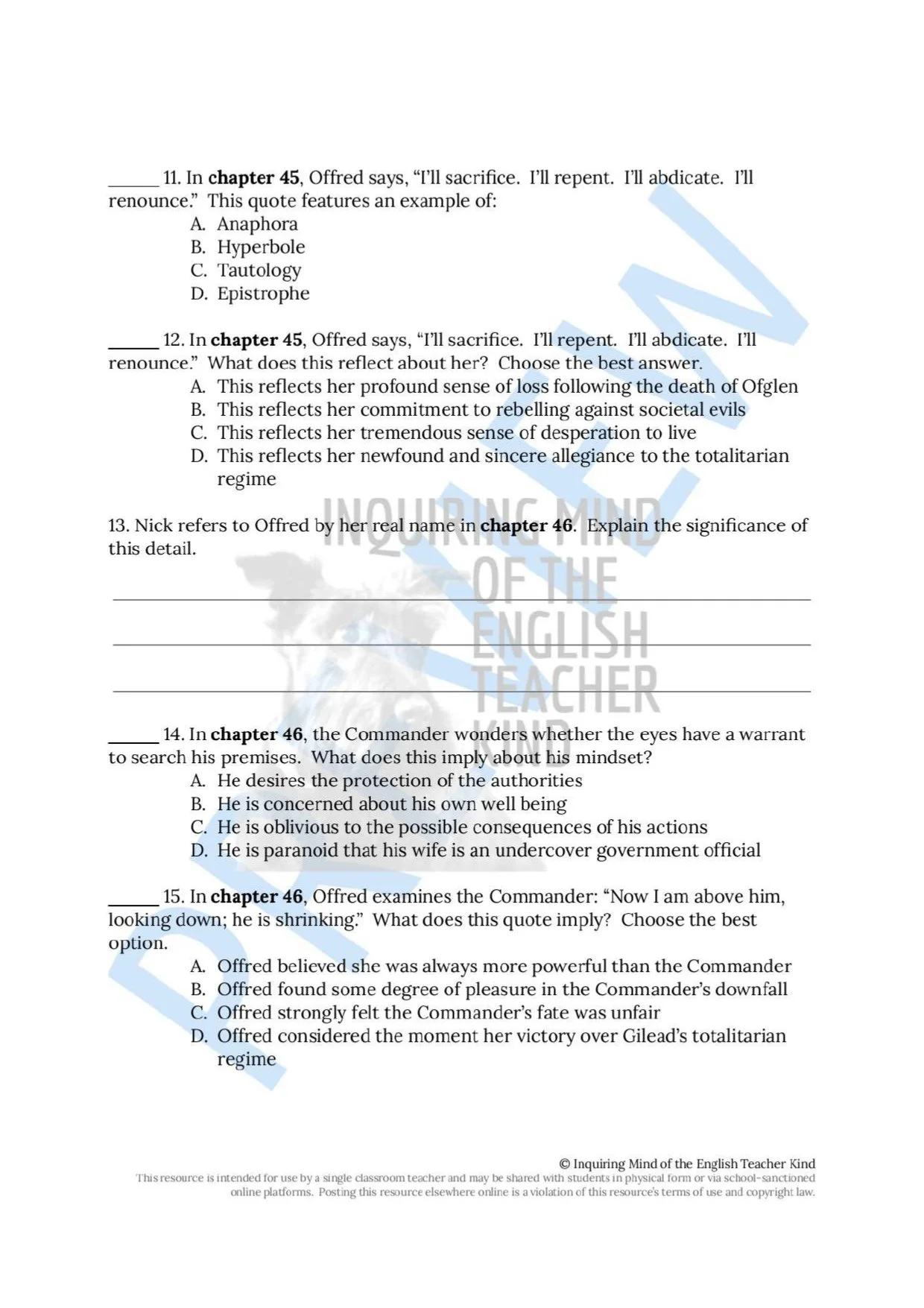 The Handmaid's Tale Close Reading Analysis Worksheets Bundle with ...