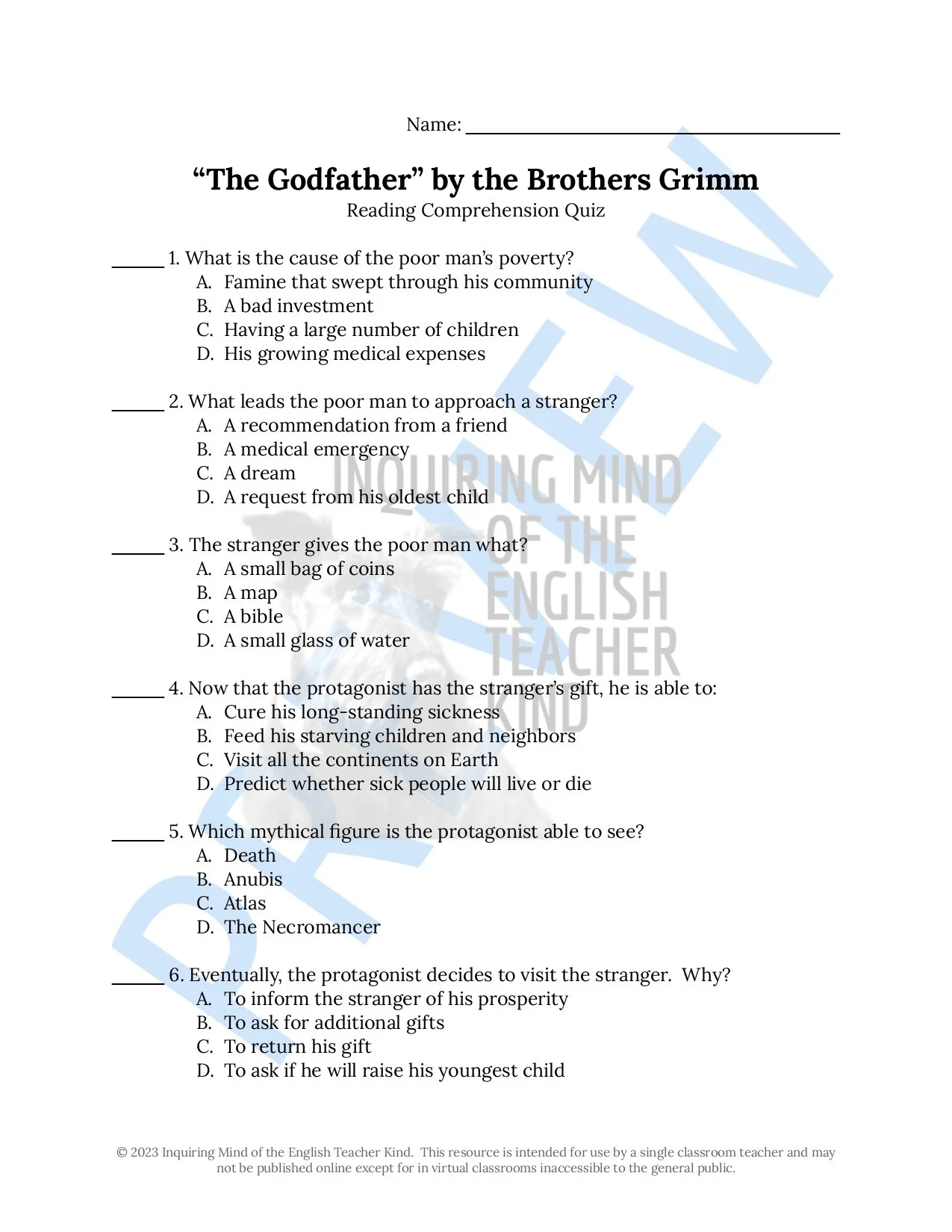 "Rumpelstiltskin" by the Brothers Grimm Quiz and Close Reading Analysis ...