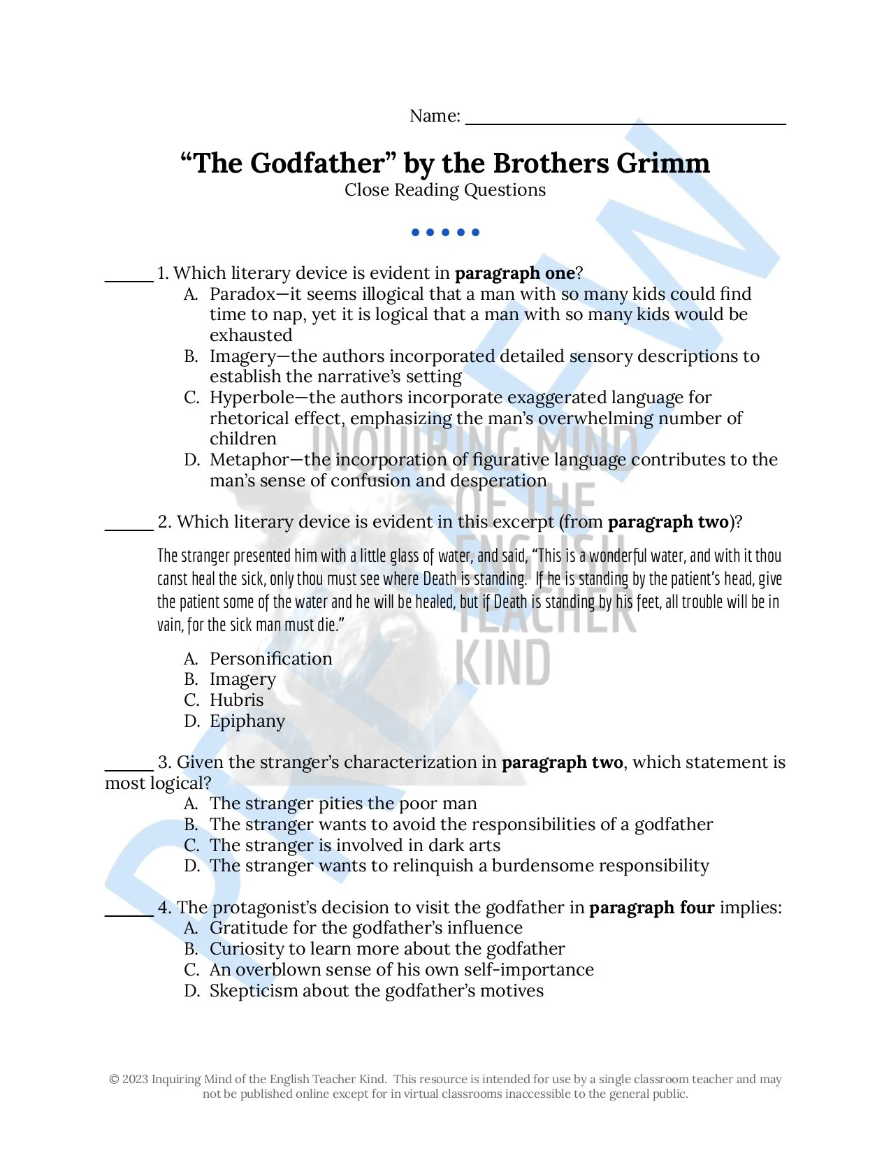 "The Godfather" by the Brothers Grimm Quiz and Close Reading Worksheet ...