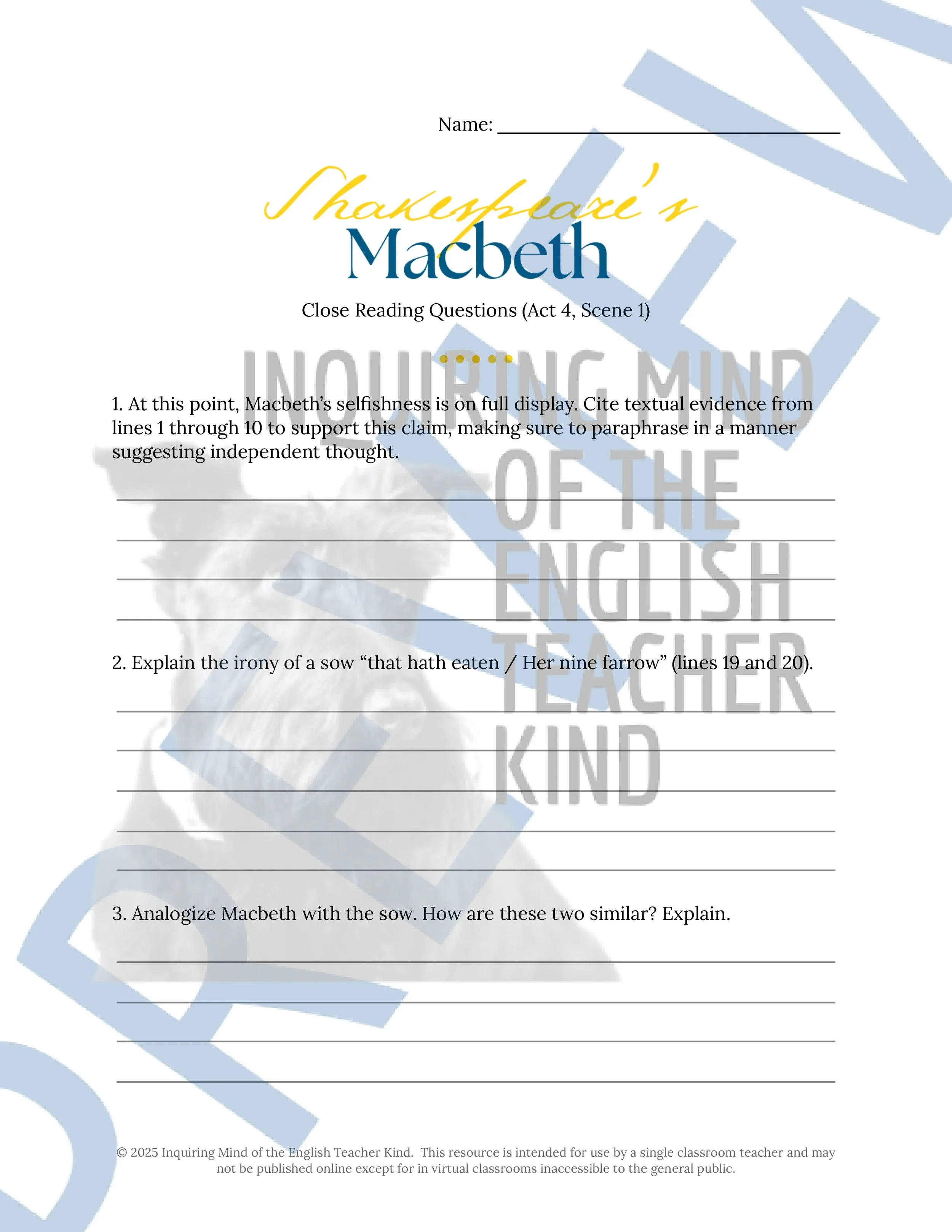 Macbeth Act 4 Quiz and Close Reading Worksheets Bundle by Inquiring ...
