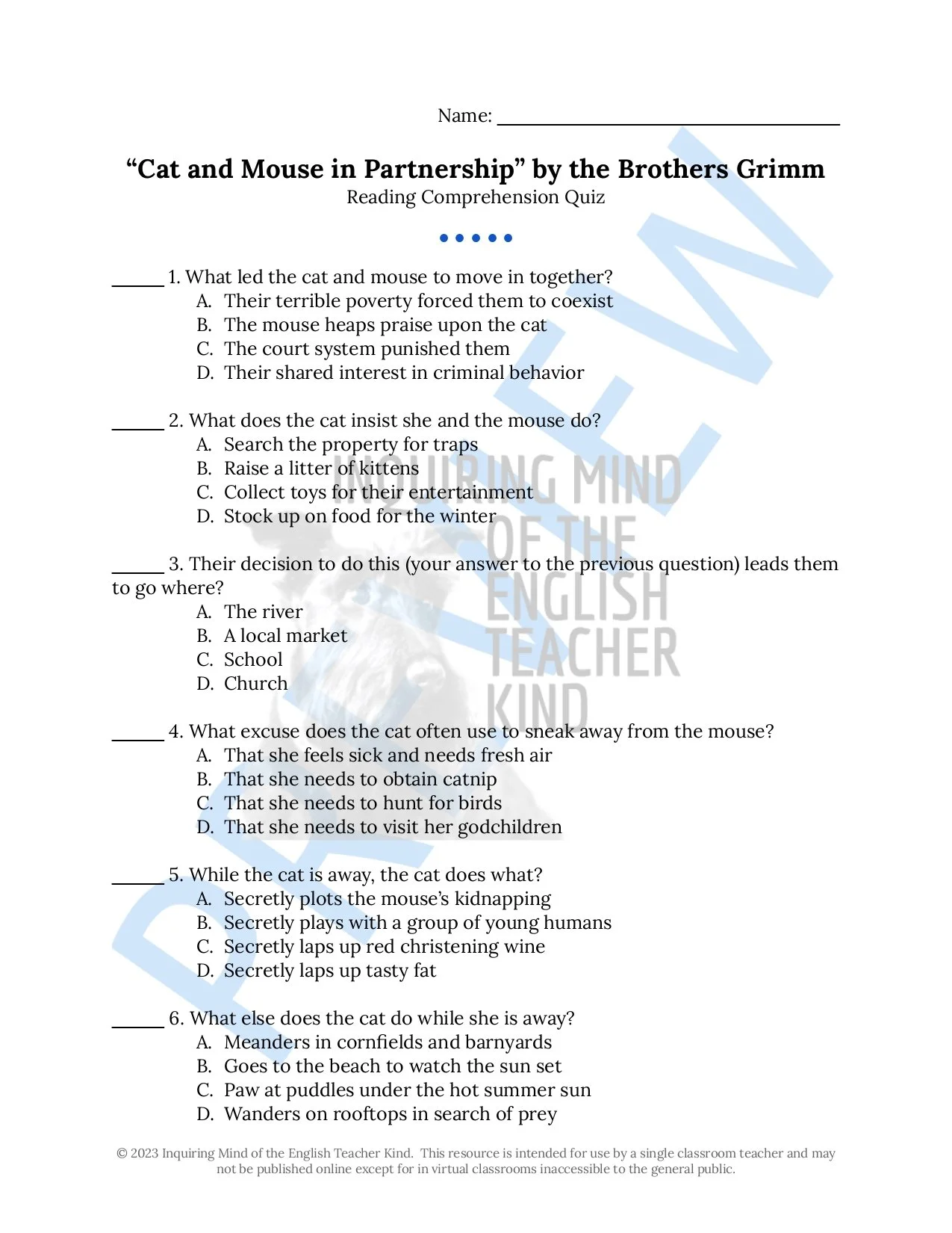 "Cat and Mouse in Partnership" by the Brothers Grimm Quiz and Close ...