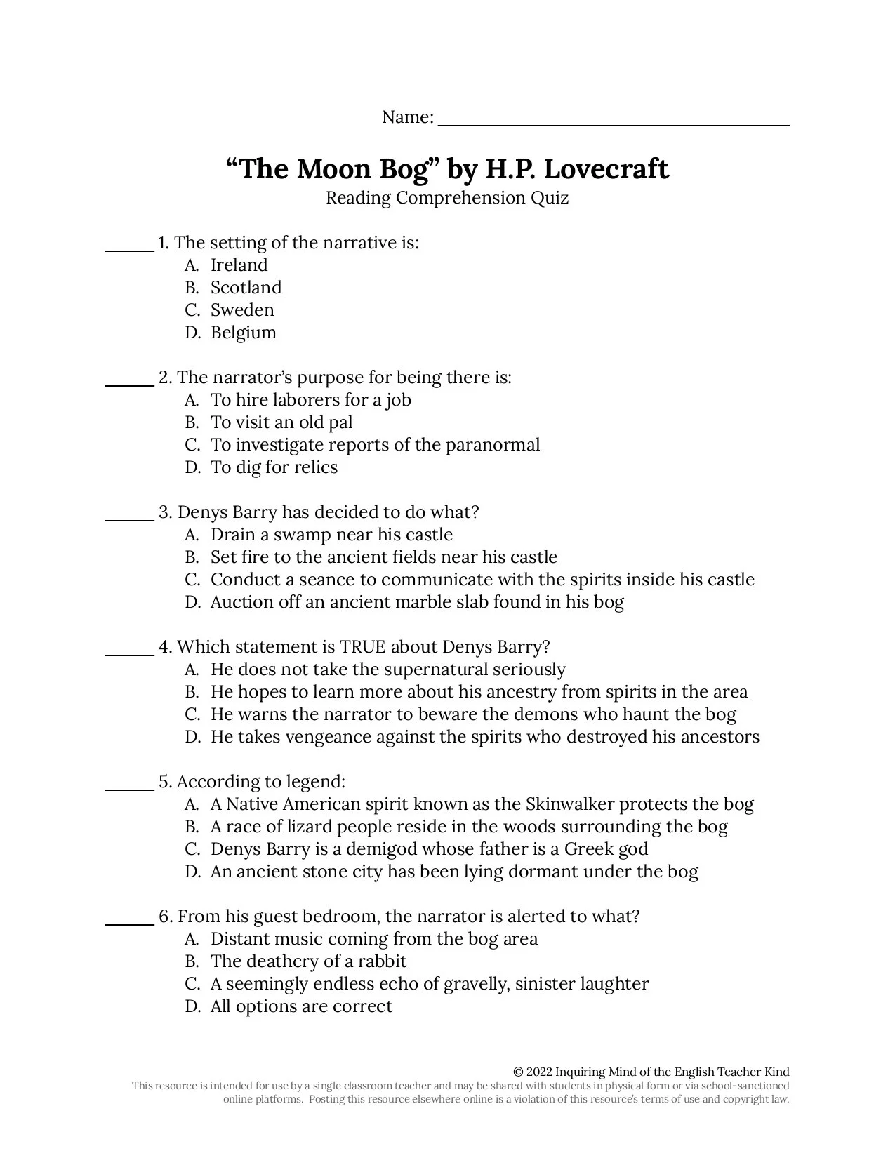 Short Stories by H.P. Lovecraft Quiz and Close Reading Bundle for High ...