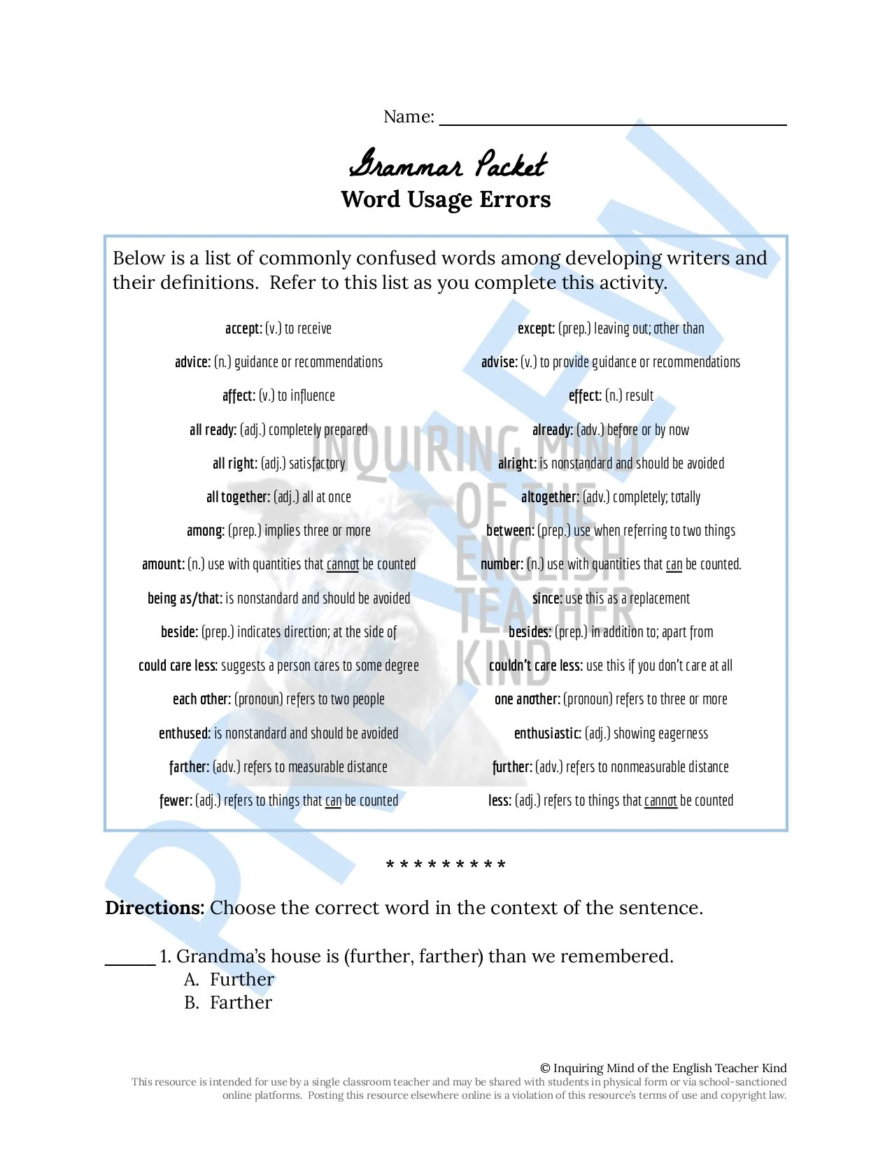 High School Grammar Review Worksheets Bundle for Middle and High School ...