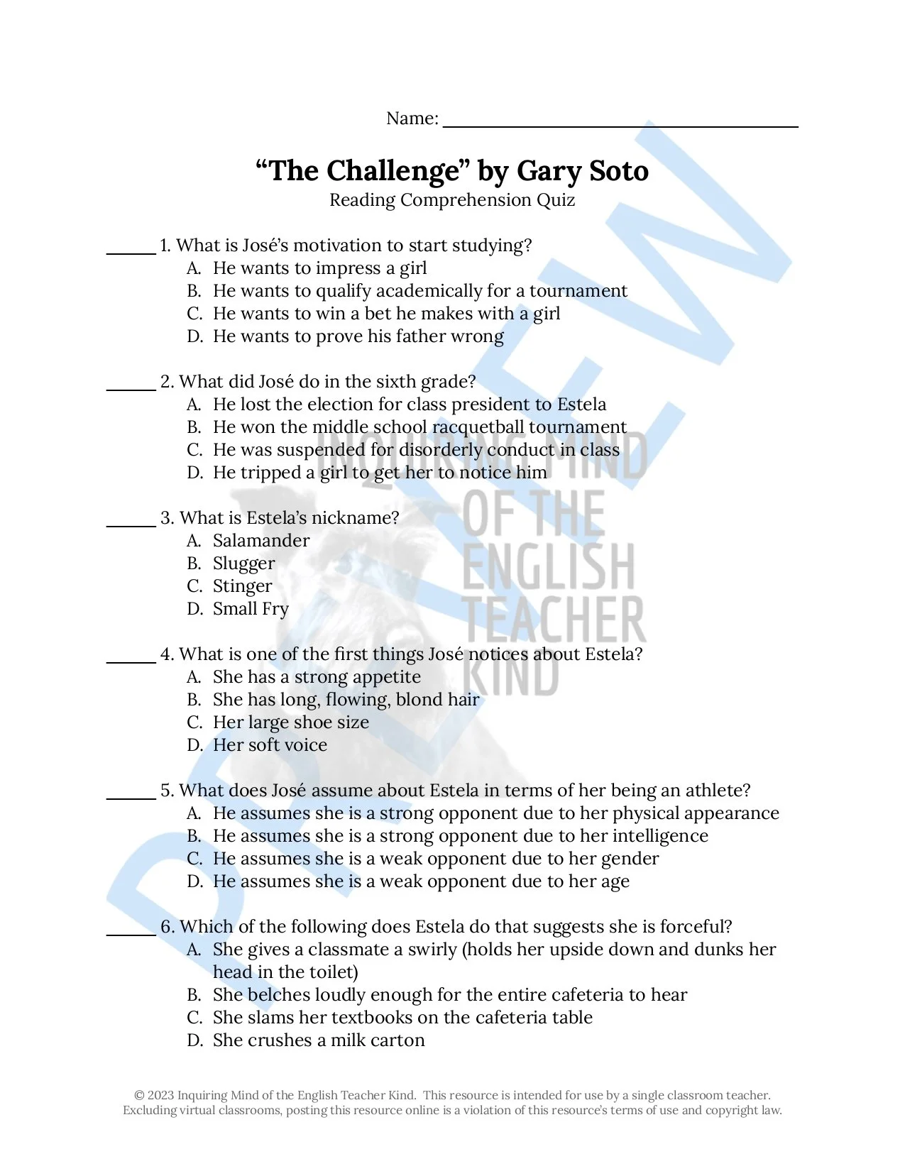 "The Challenge" by Gary Soto Quiz, Close Reading, and Vocabulary Games ...
