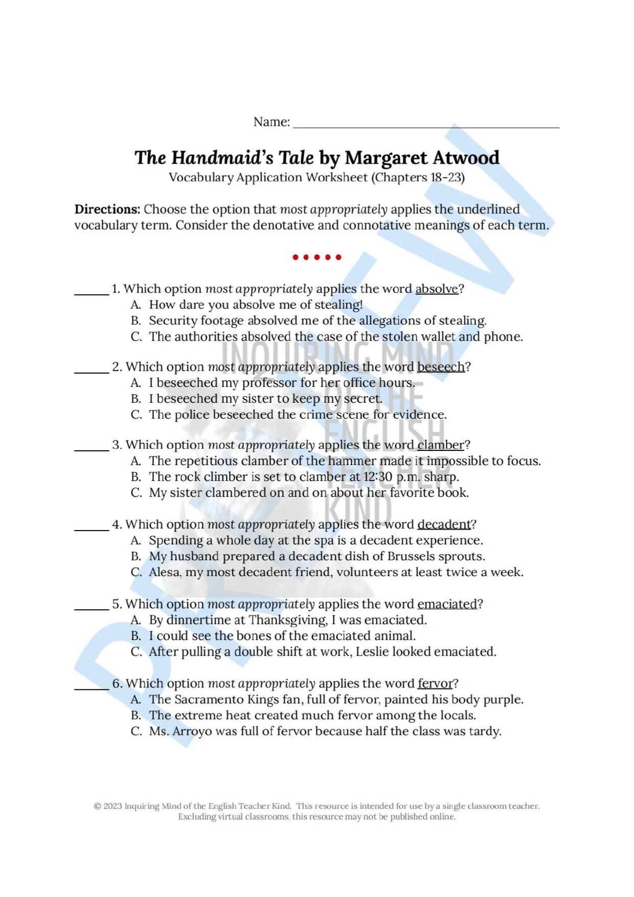 The Handmaid's Tale Vocabulary Development Games and Activities Bundle ...