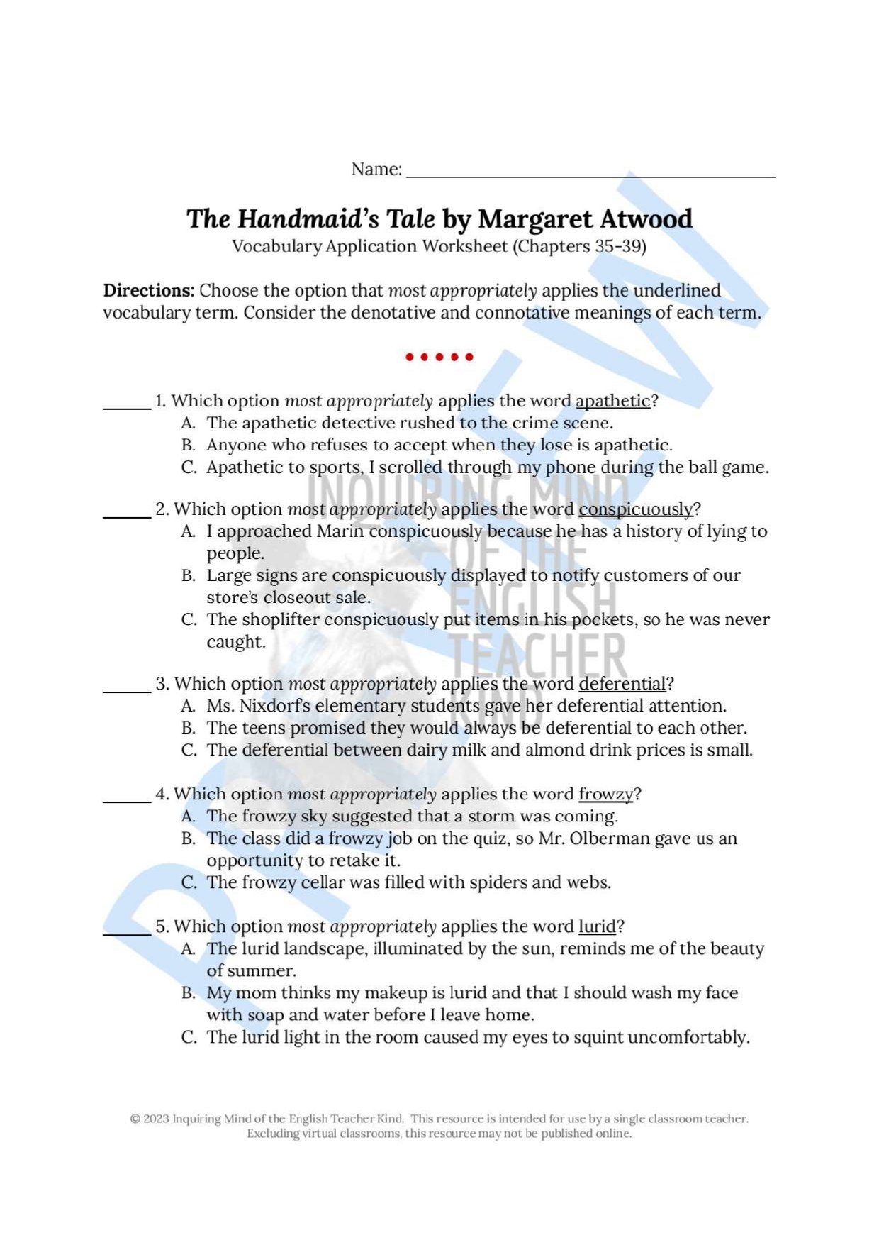 The Handmaid's Tale Vocabulary Development Games and Activities Bundle ...