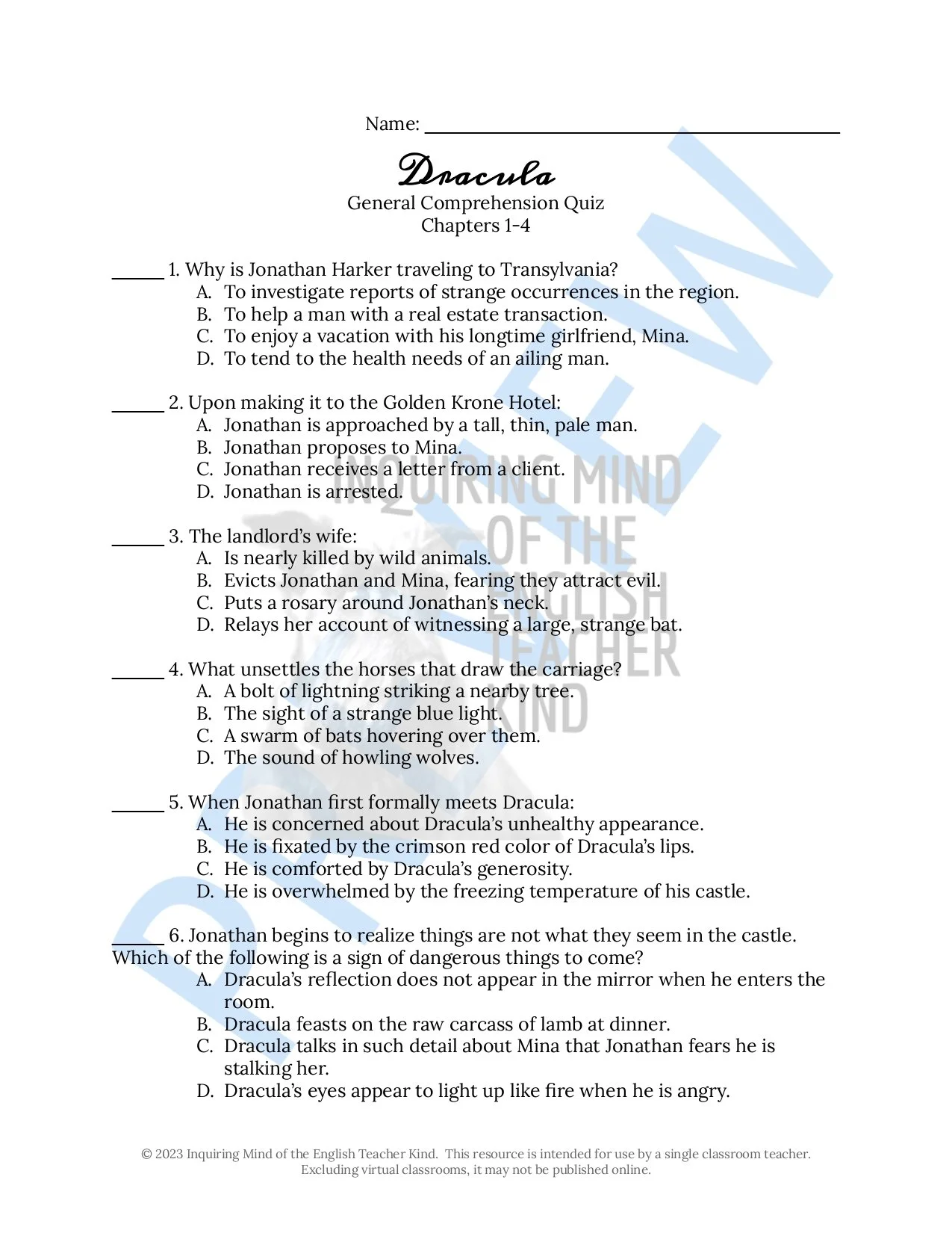 Dracula by Bram Stoker Quiz, Close Reading, and Vocabulary Development ...