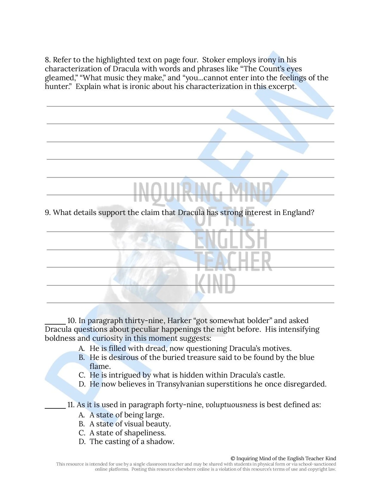 Dracula by Bram Stoker Quiz, Close Reading, and Vocabulary Development ...