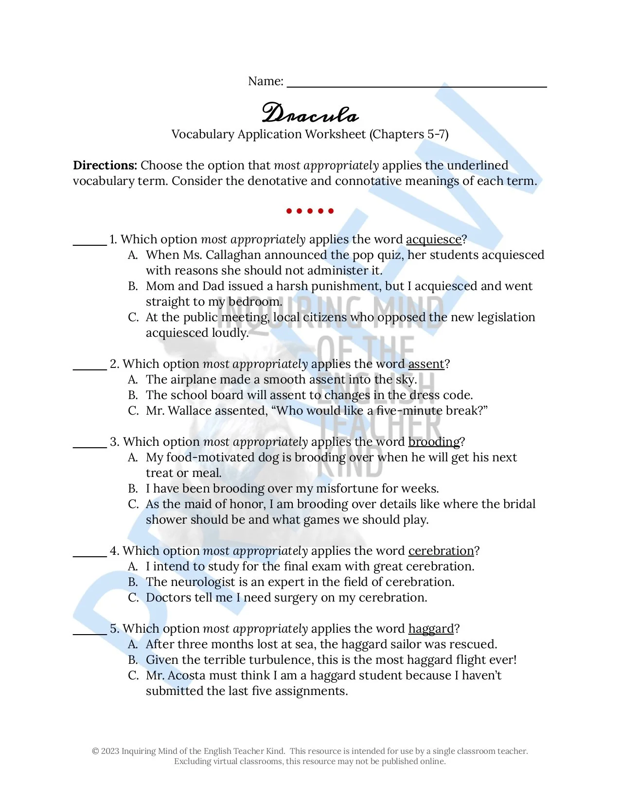 Dracula by Bram Stoker Quiz, Close Reading, and Vocabulary Development ...