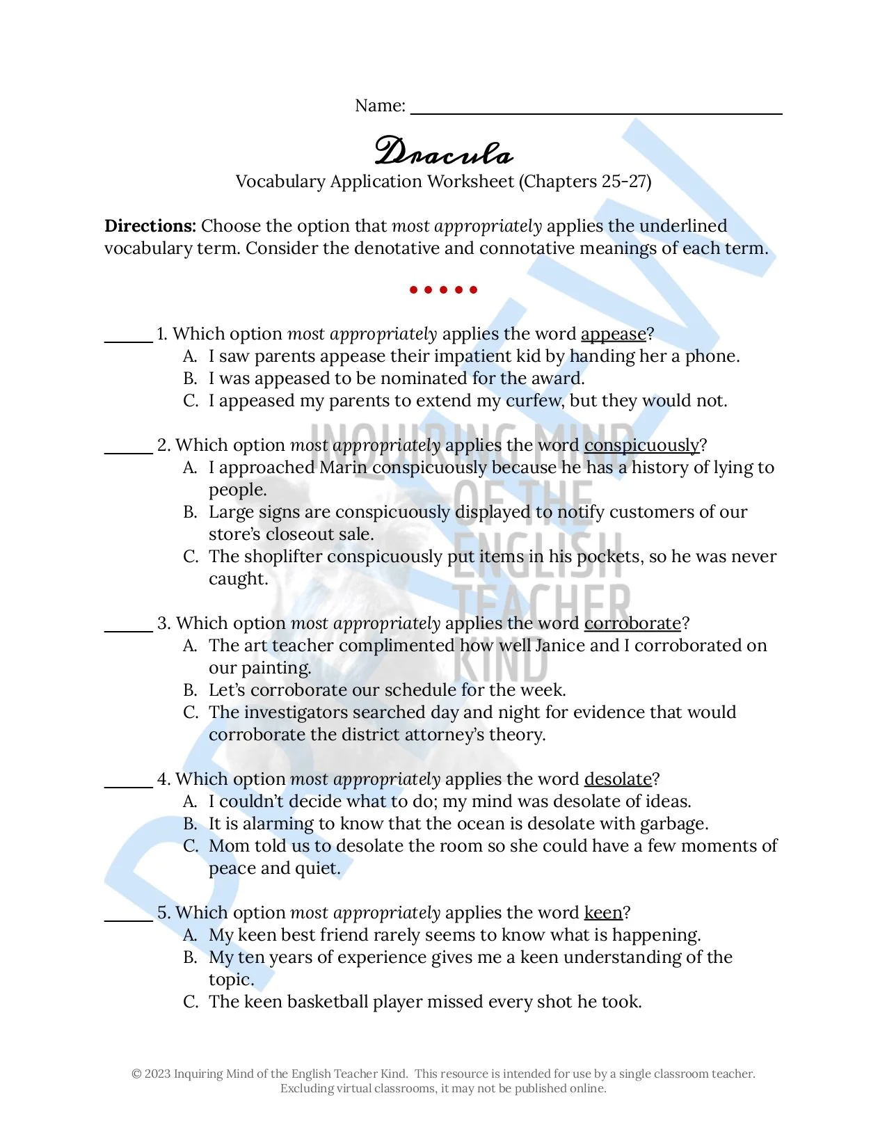 Dracula by Bram Stoker Quiz, Close Reading, and Vocabulary Development ...