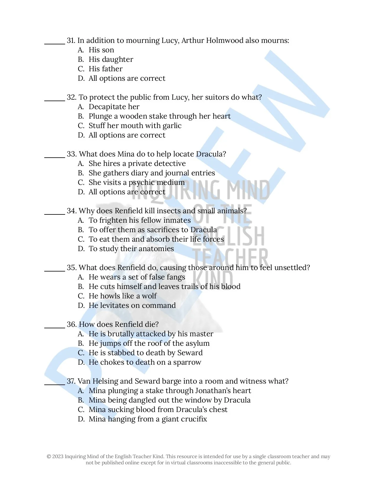 Dracula by Bram Stoker Test and Answer Key with Study Guide for High ...