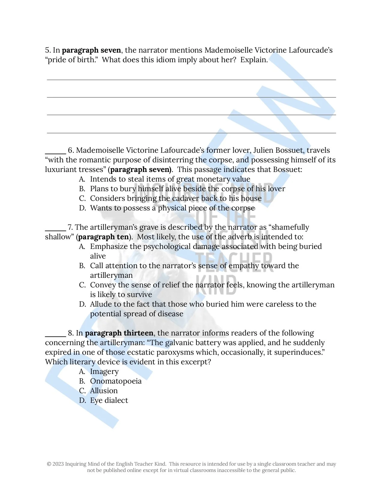 "The Premature Burial" by Edgar Allan Poe Quiz, Close Reading, and ...