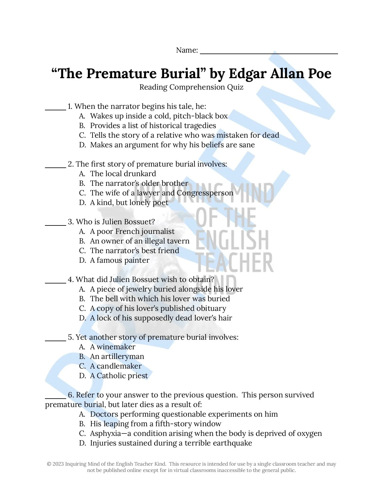 "The Premature Burial" by Edgar Allan Poe Quiz, Close Reading, and ...