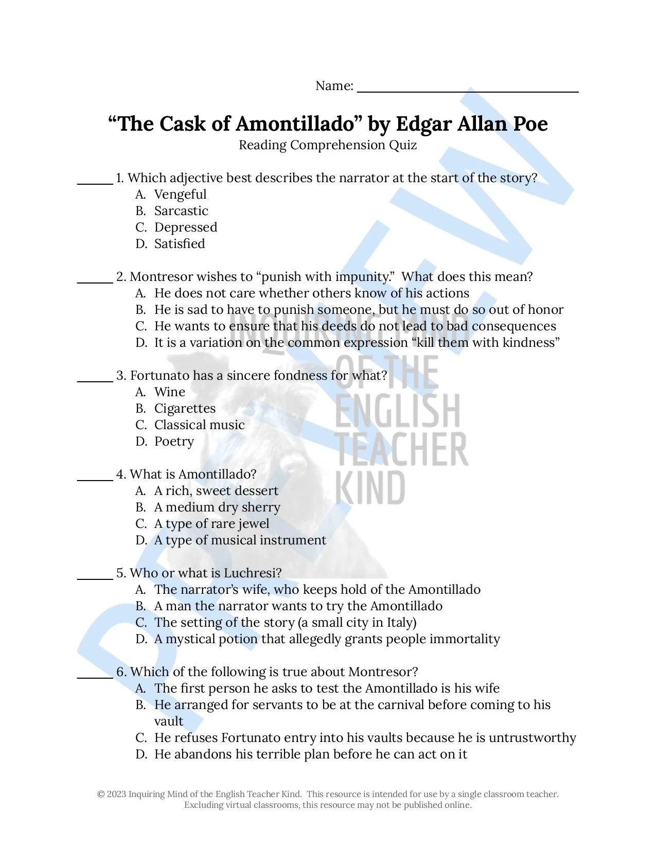 "The Cask of Amontillado" by Edgar Allan Poe Quiz, Close Reading, and ...
