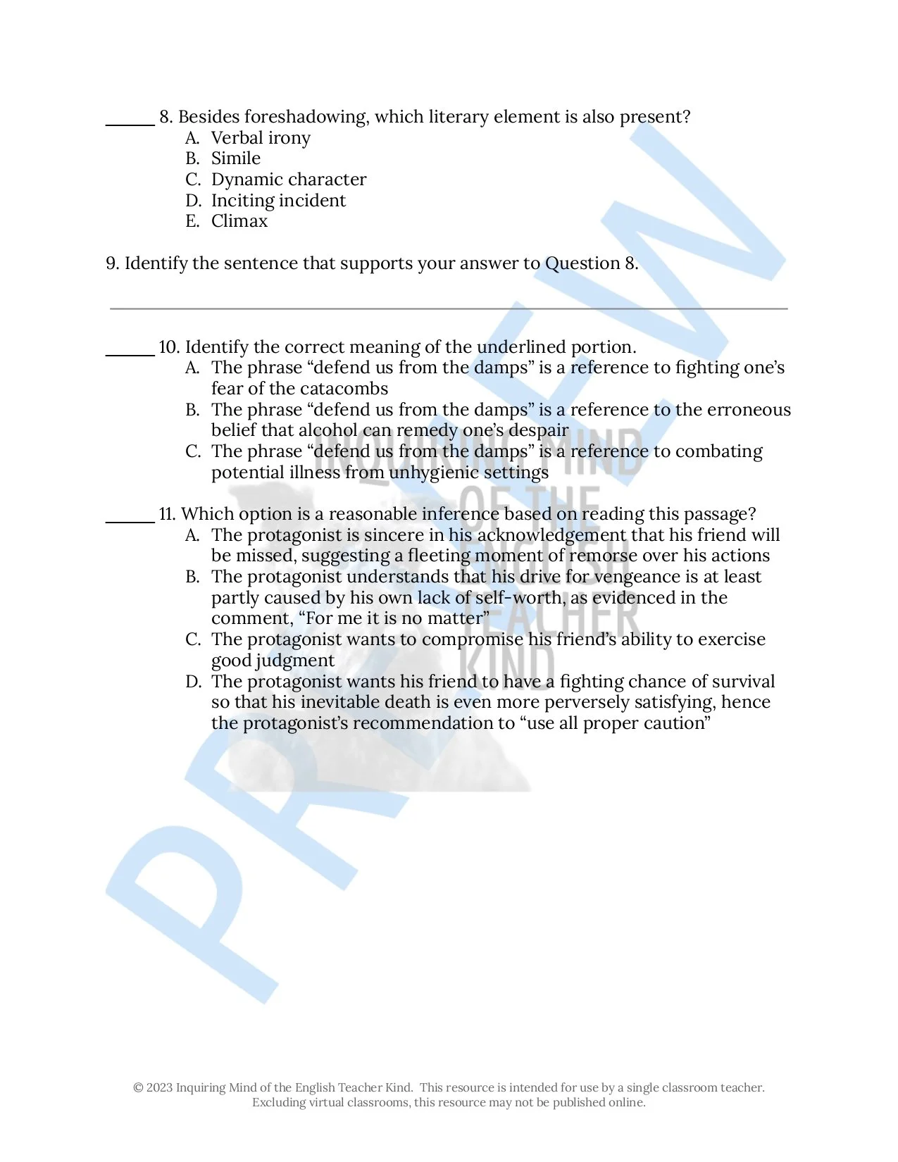 "The Cask of Amontillado" by Edgar Allan Poe Quiz, Close Reading, and ...