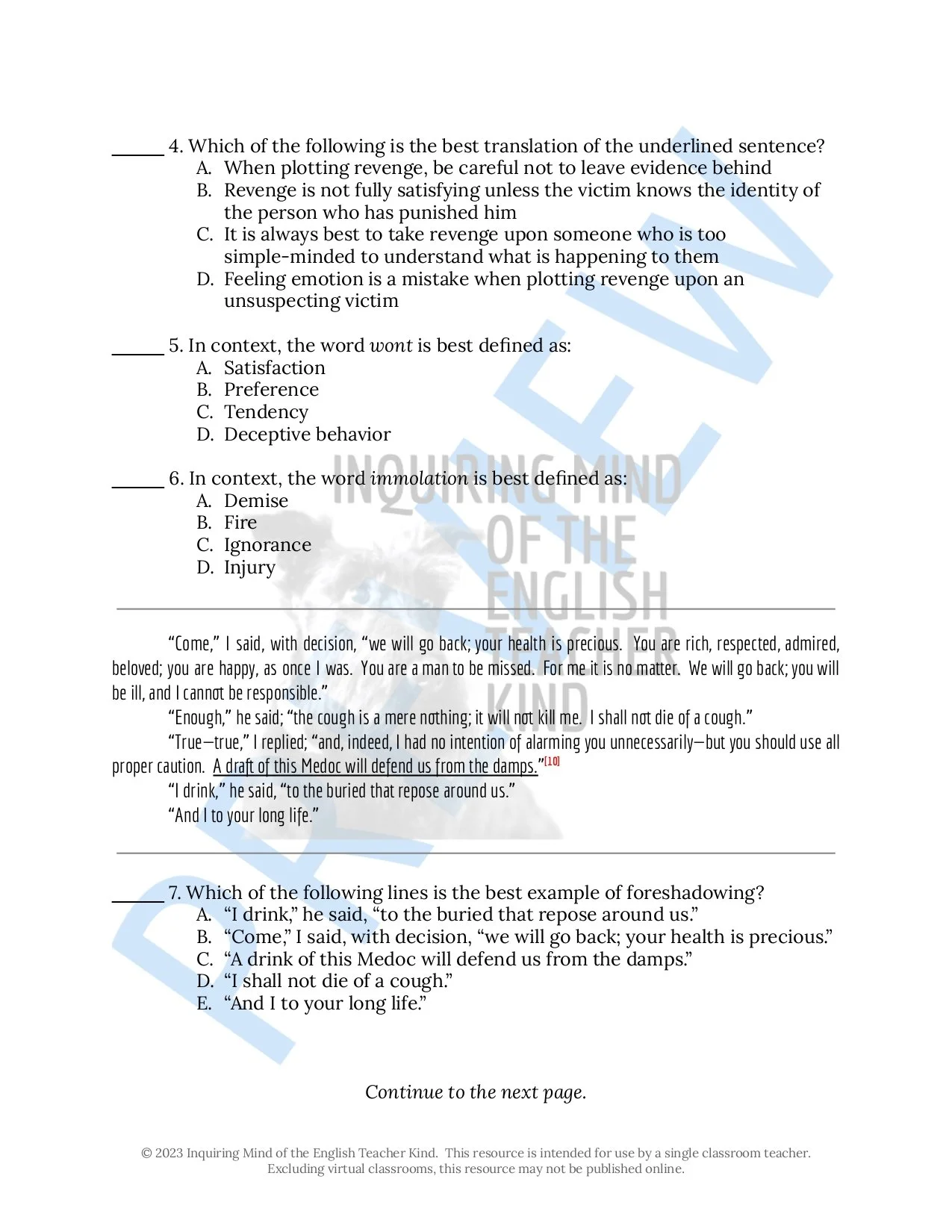 "The Cask of Amontillado" by Edgar Allan Poe Quiz, Close Reading, and ...
