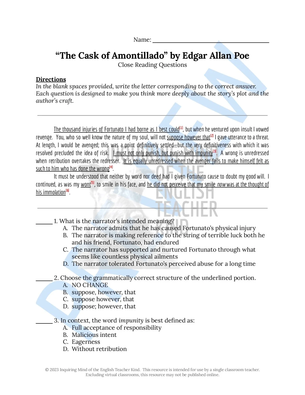 "The Cask of Amontillado" by Edgar Allan Poe Quiz, Close Reading, and ...