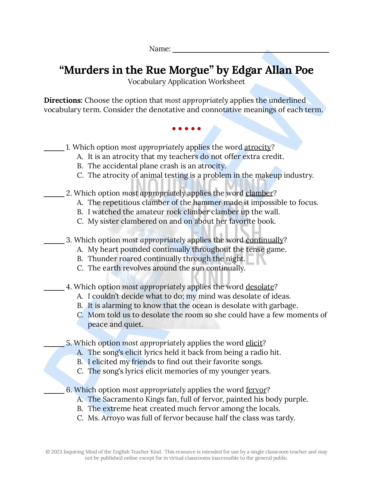"The Murders in the Rue Morgue" Quiz, Close Reading, and Vocabulary ...