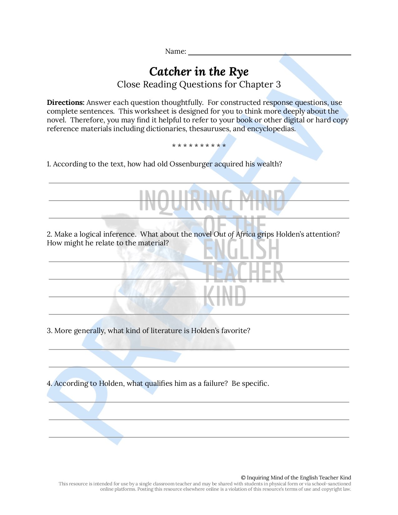 Catcher in the Rye Quiz and Close Reading Analysis Worksheet Bundle ...
