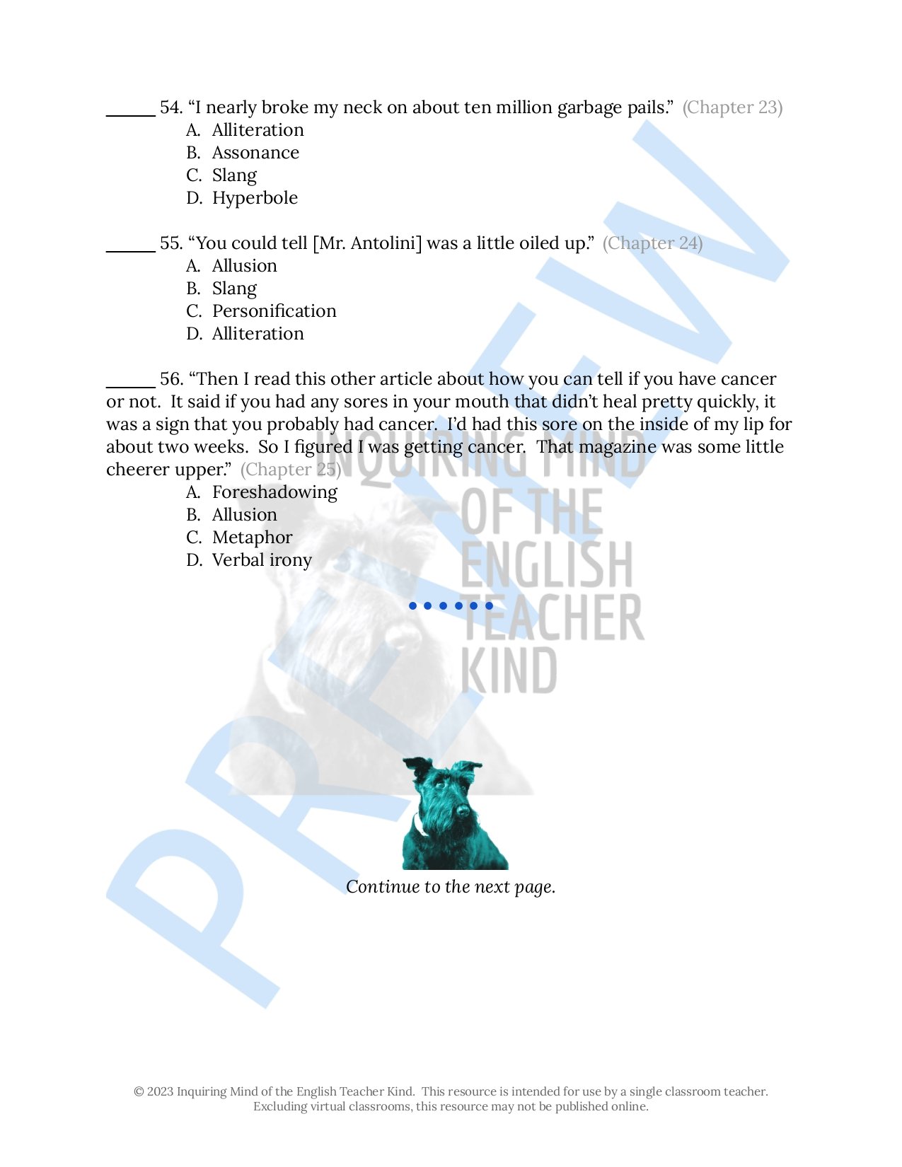 Catcher in the Rye Test and Answer Key with Study Guide for High School ...