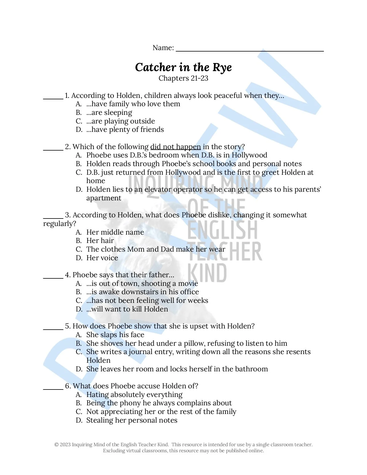 Catcher in the Rye Quiz, Close Reading, Test, and Answer Key Bundle for ...