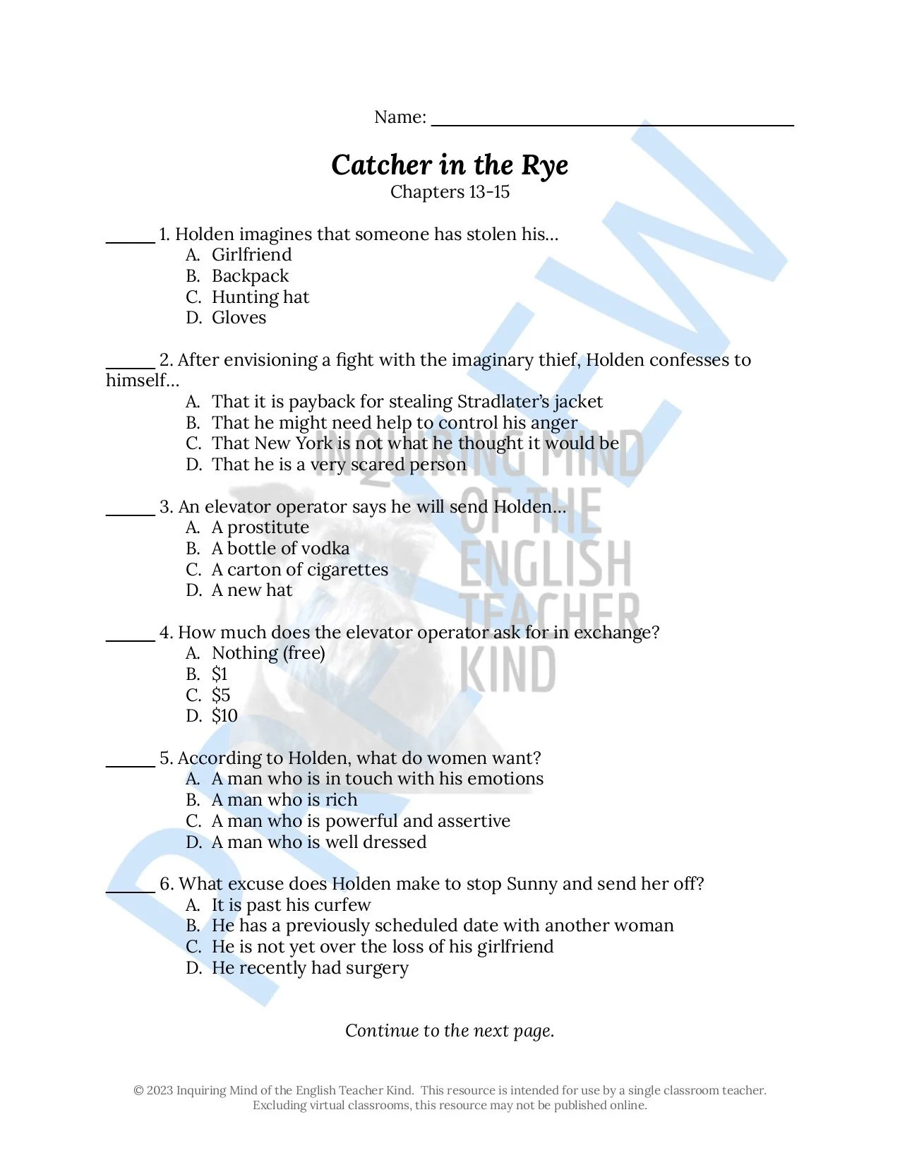 Catcher in the Rye Quiz, Close Reading, Test, and Answer Key Bundle for ...