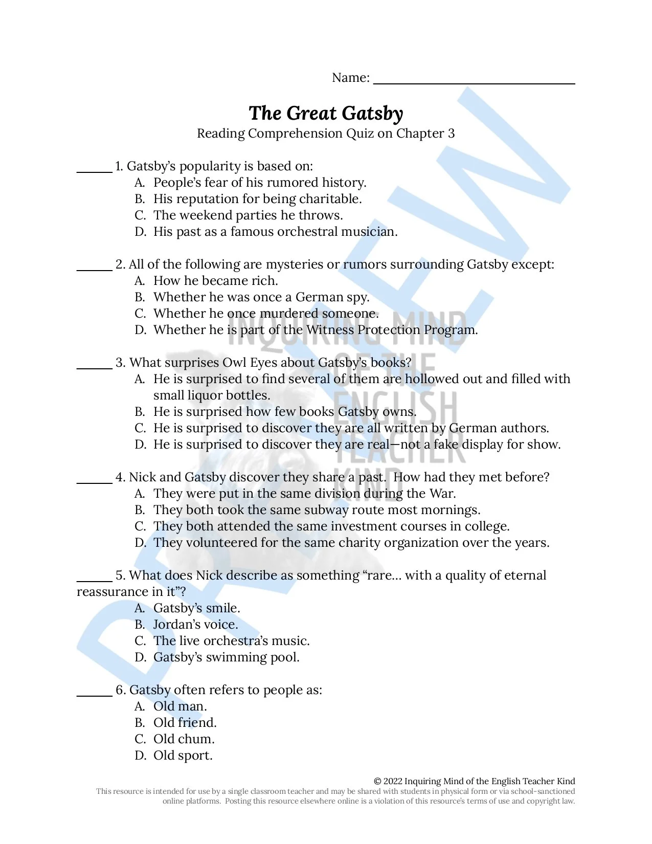 The Great Gatsby Test and Answer Key for High School - Inquiring Mind ...