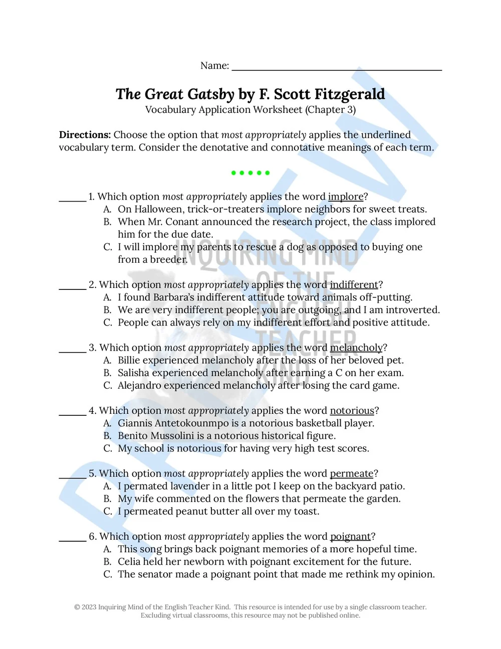The Great Gatsby Test and Answer Key for High School - Inquiring Mind ...
