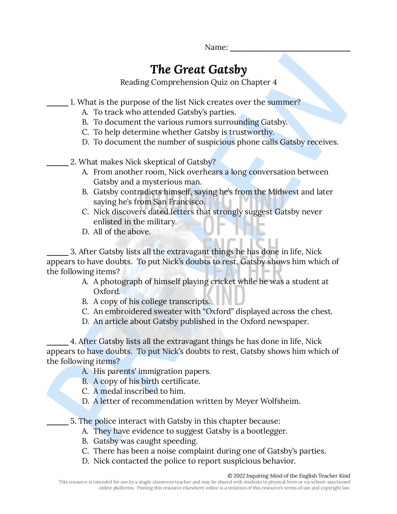 The Great Gatsby Quiz, Close Reading, and Vocabulary Development Bundle ...
