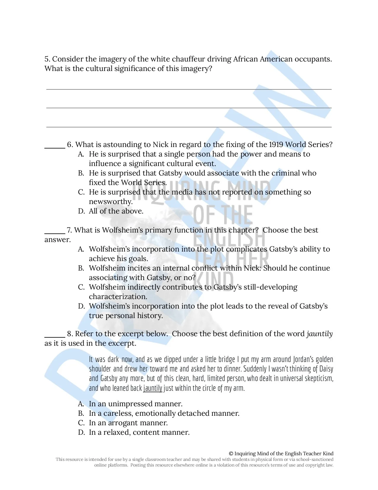The Great Gatsby Quiz, Close Reading, and Vocabulary Development Bundle ...