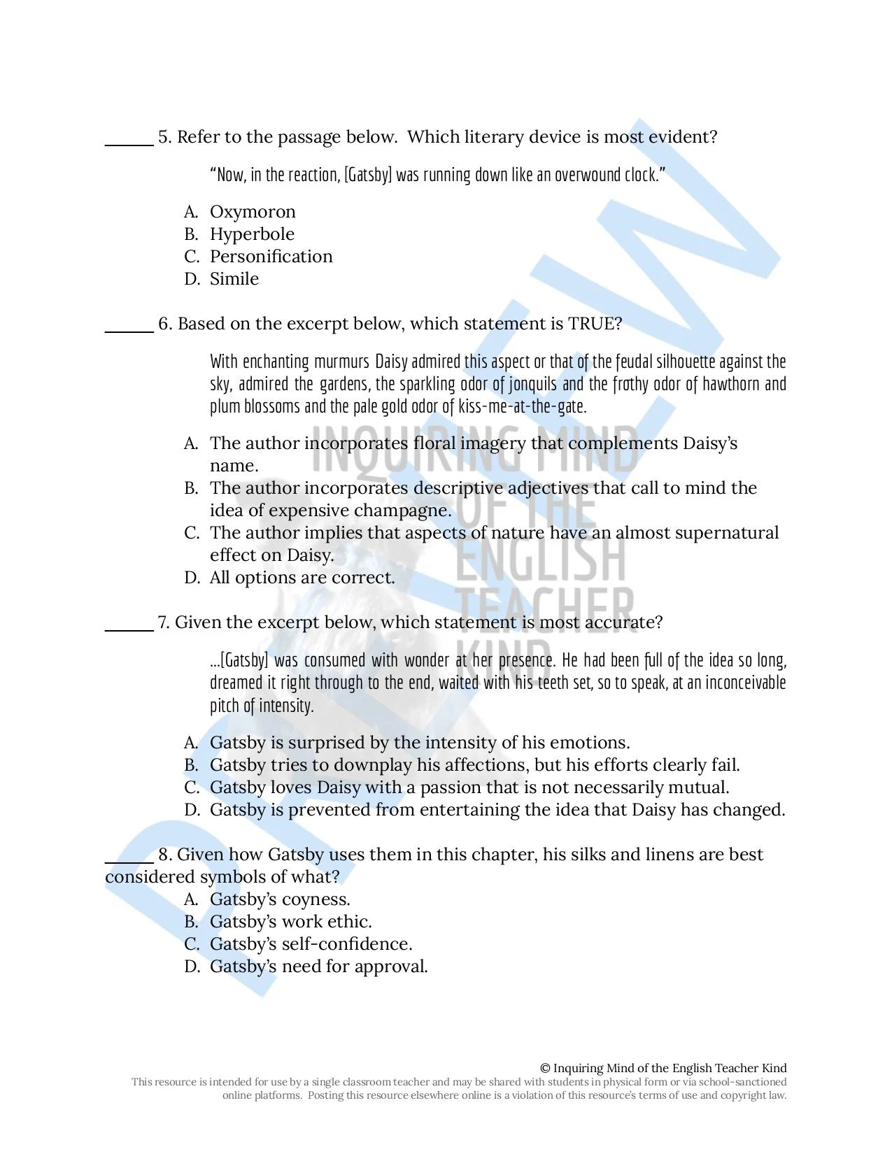 The Great Gatsby Close Reading Analysis Activities Bundle for High ...