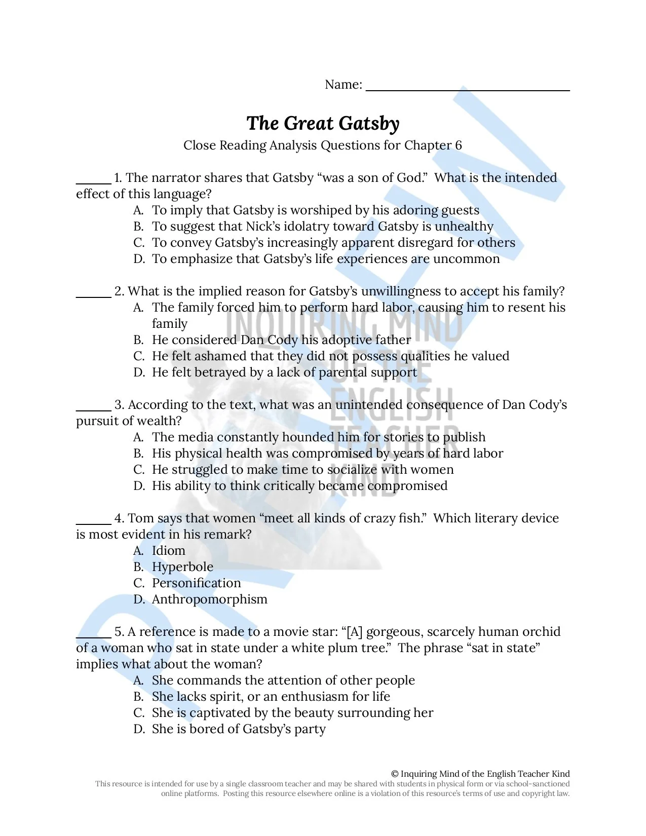 The Great Gatsby Close Reading Analysis Activities Bundle for High ...
