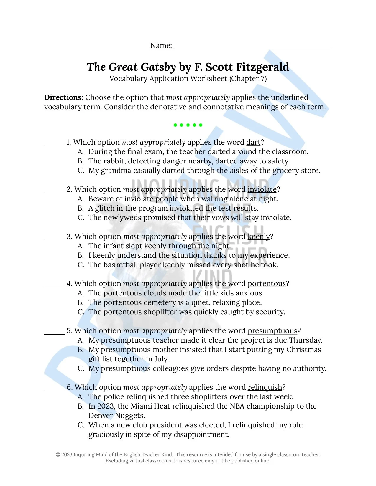 The Great Gatsby Quiz, Close Reading, and Vocabulary Development Bundle ...