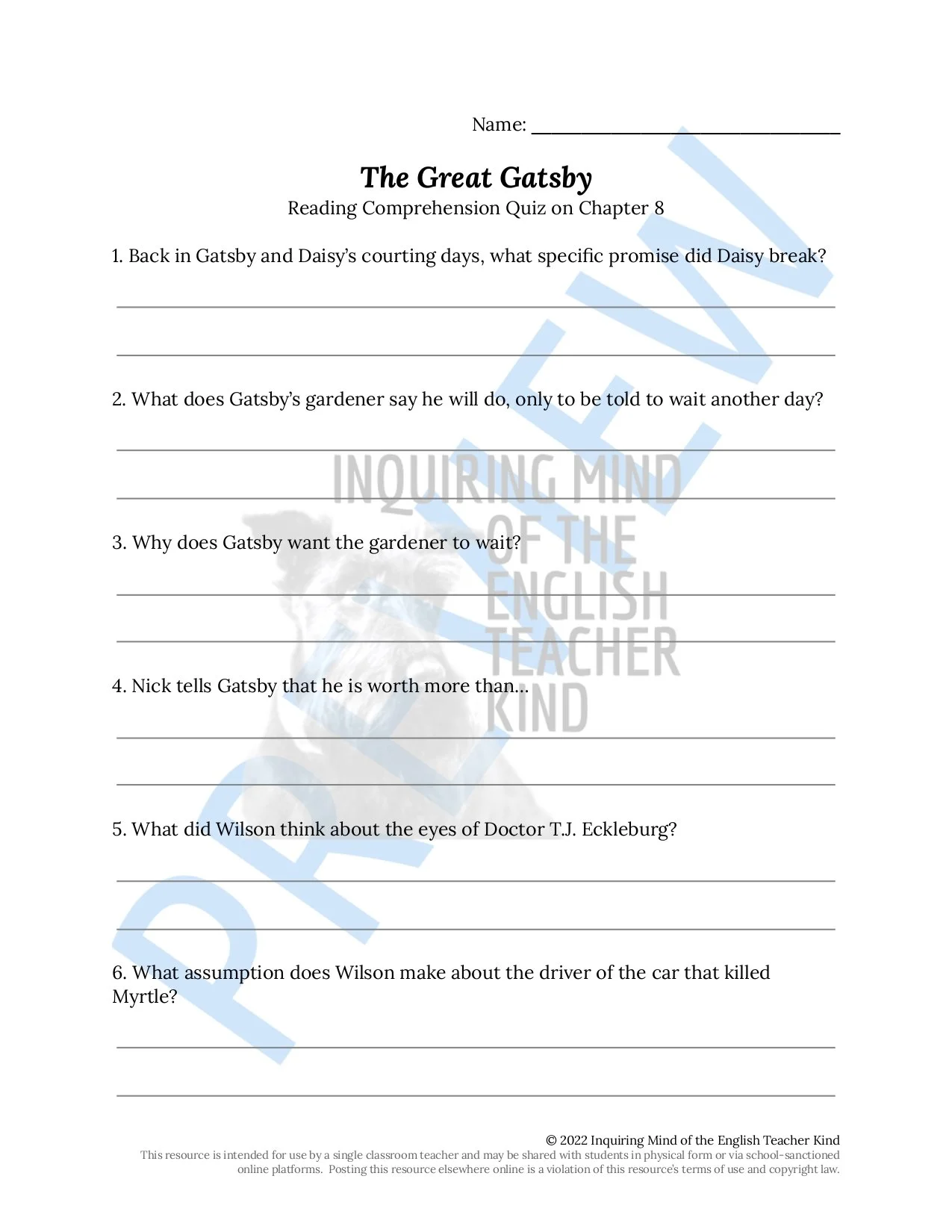 The Great Gatsby Quiz and Answer Key Bundle for High School — Inquiring ...