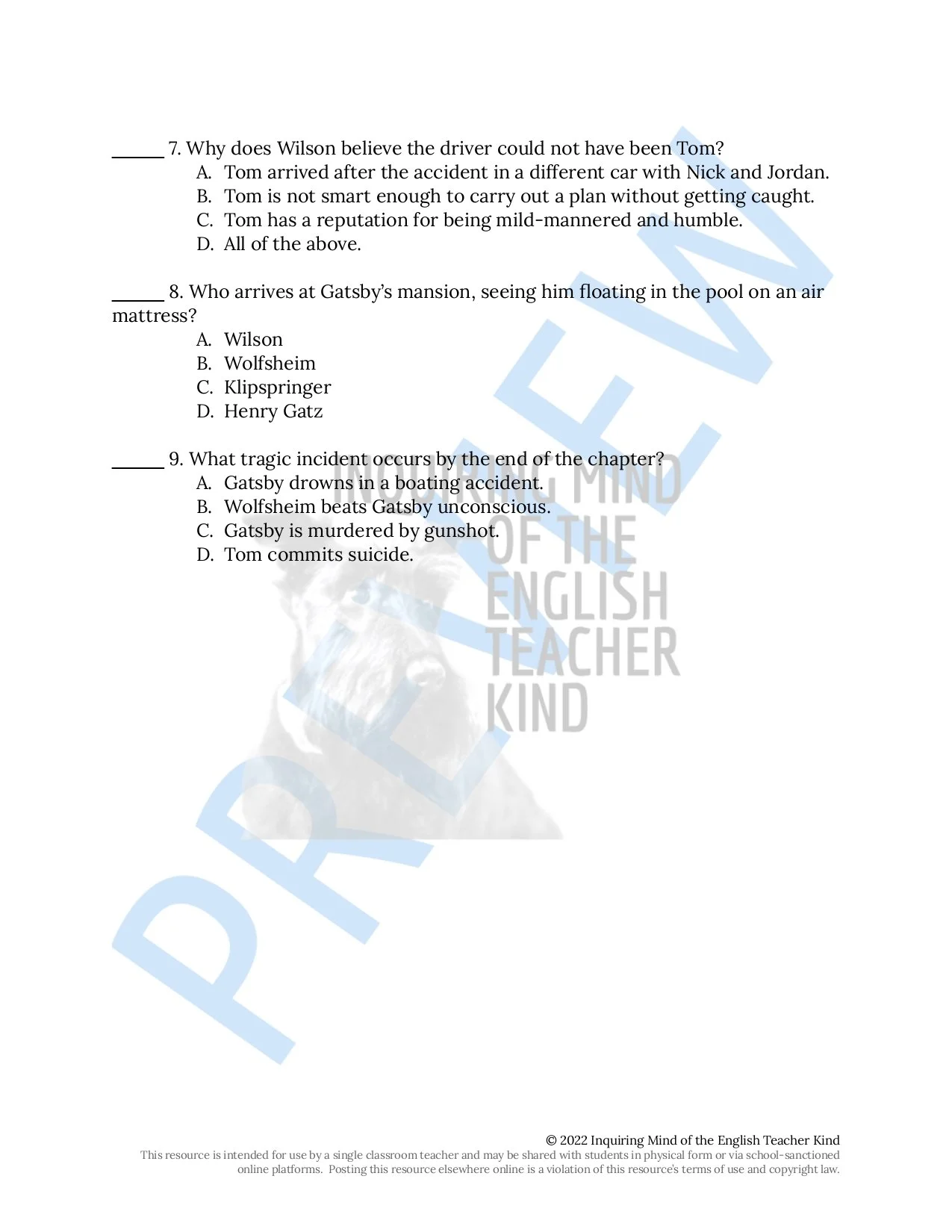 The Great Gatsby Quiz and Answer Key Bundle for High School — Inquiring ...