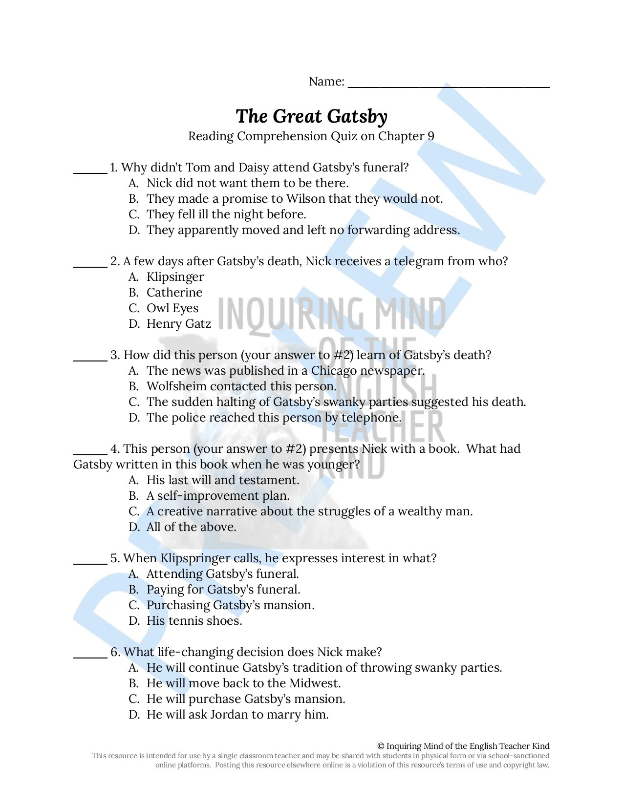 The Great Gatsby Quiz, Close Reading, and Vocabulary Development Bundle ...