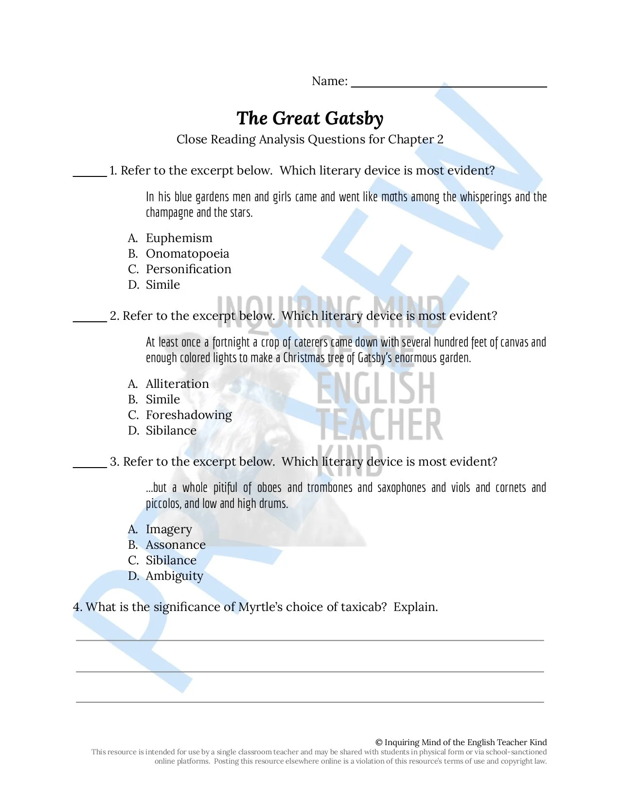 The Great Gatsby Close Reading Analysis Activities Bundle for High ...