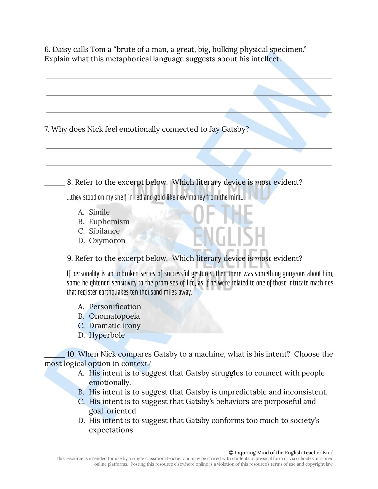 The Great Gatsby Close Reading Analysis Activities Bundle for High ...