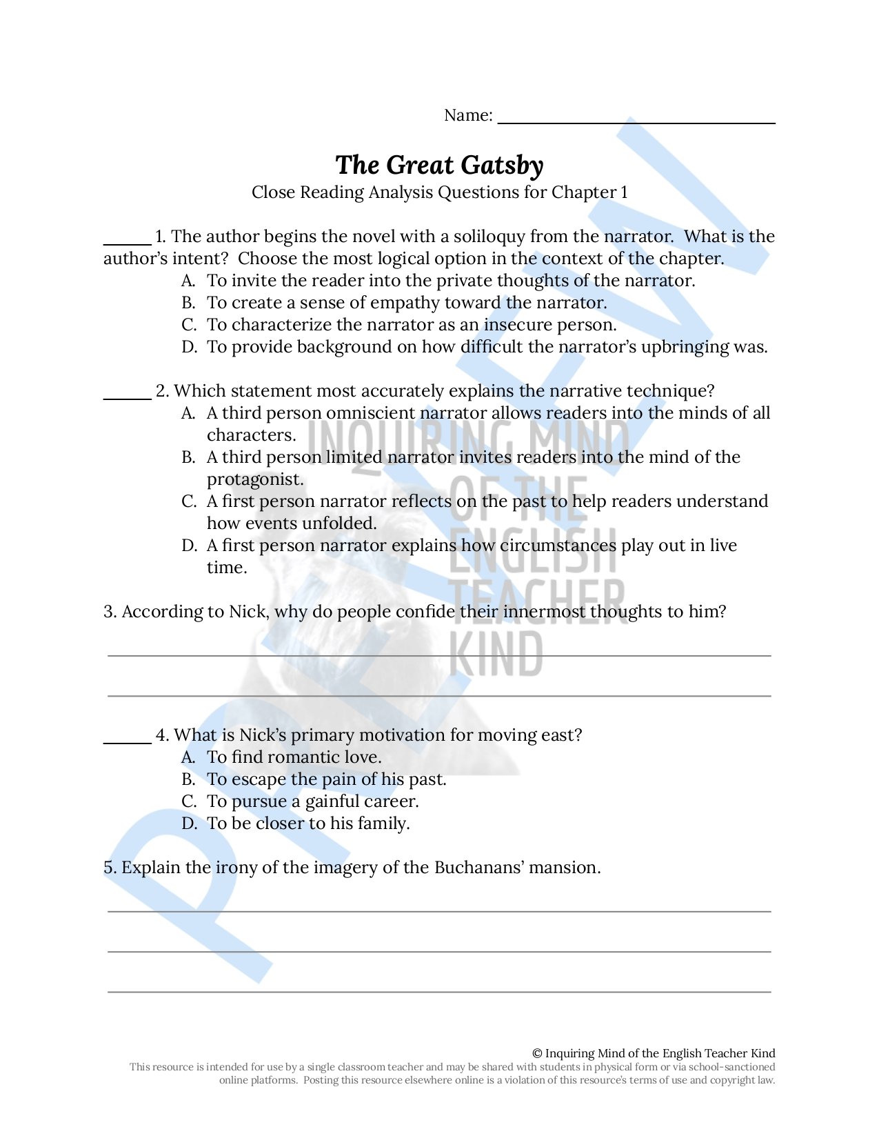 The Great Gatsby Close Reading Analysis Activities Bundle for High ...