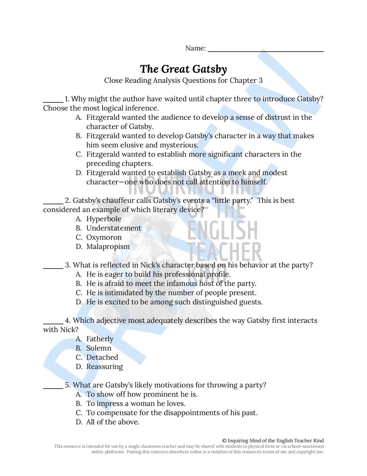 The Great Gatsby Close Reading Analysis Activities Bundle for High ...