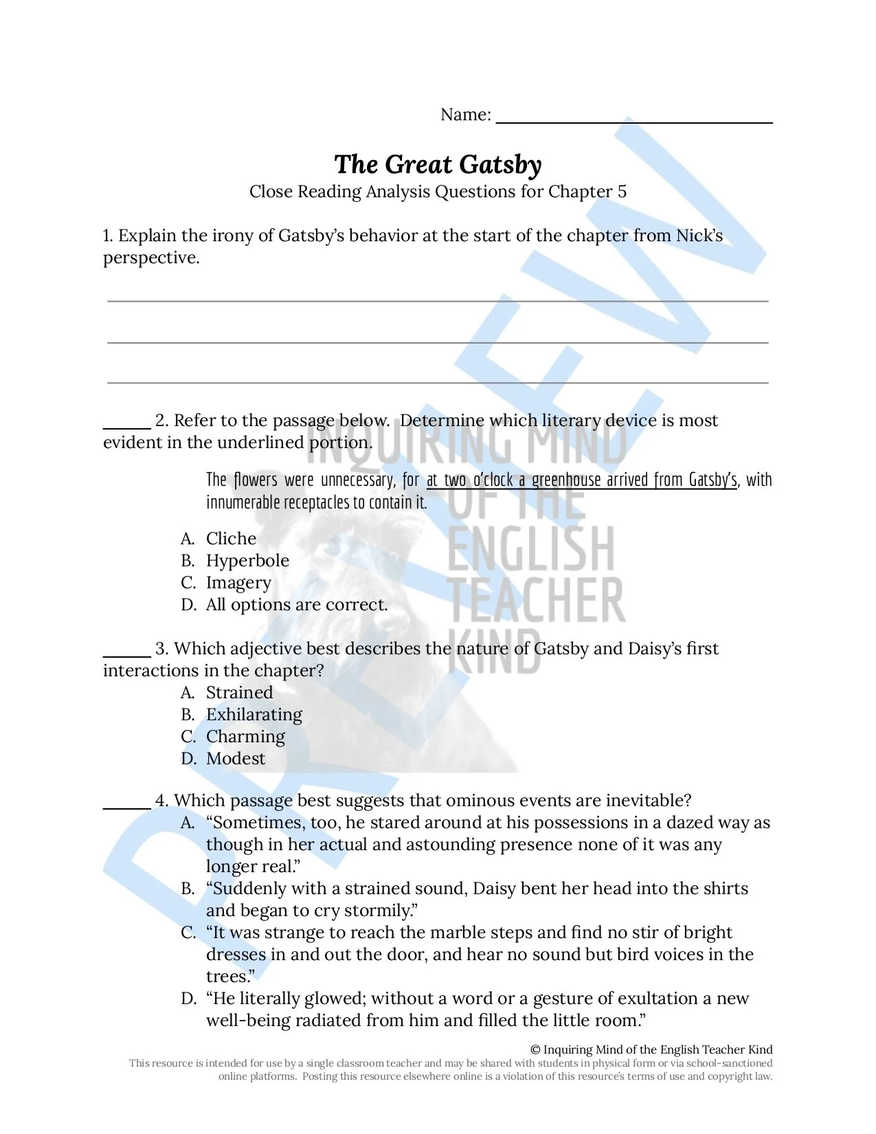 The Great Gatsby Close Reading Analysis Activities Bundle for High ...