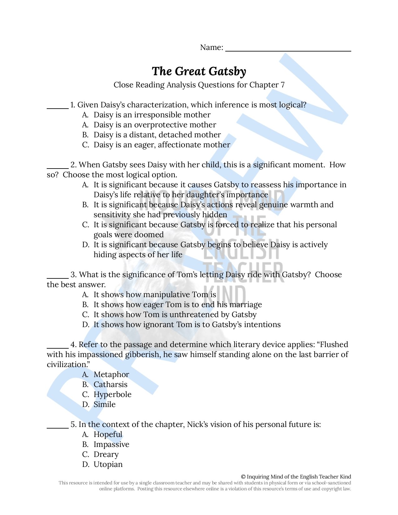 The Great Gatsby Close Reading Analysis Activities Bundle for High ...